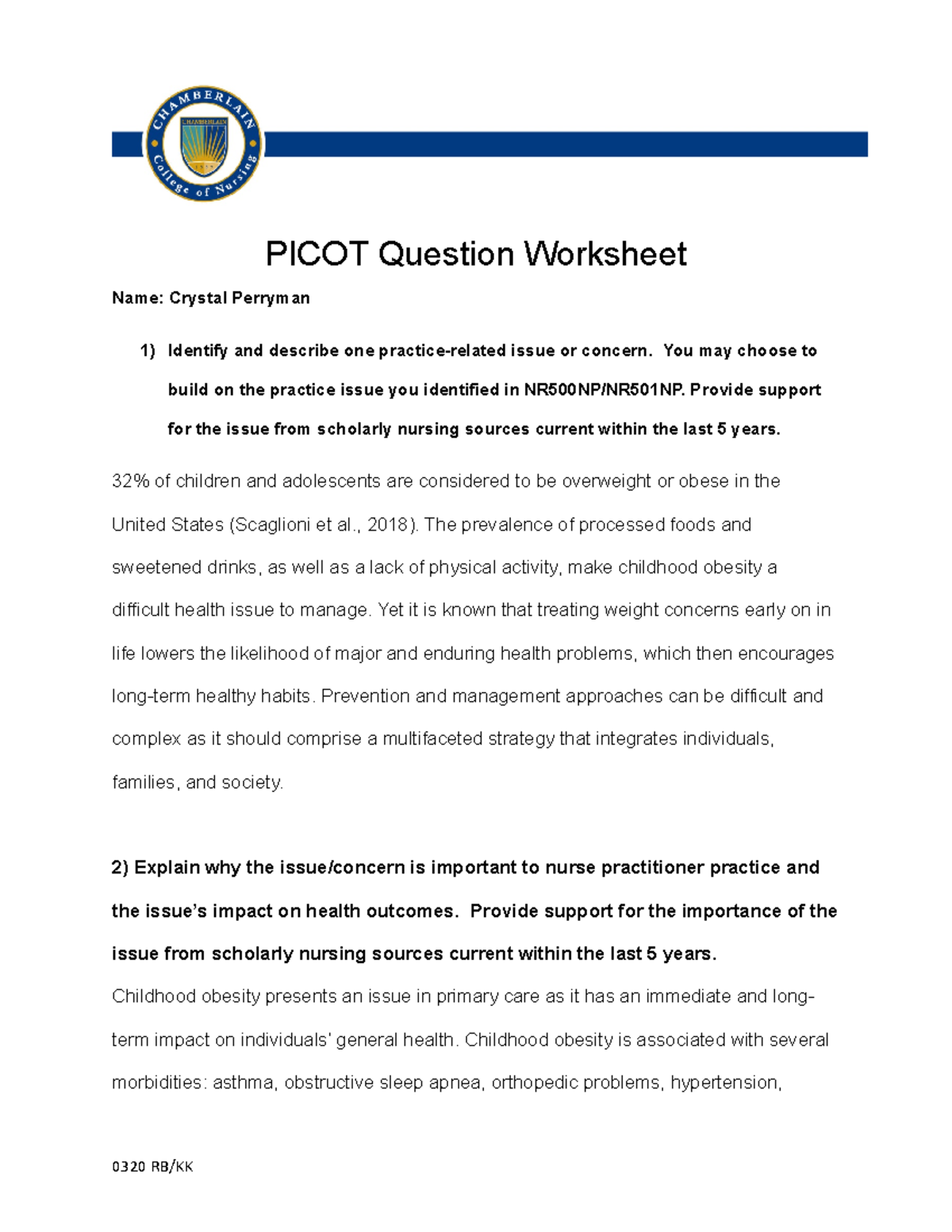 Perryman NR505NP Picot Question Worksheet - PICOT Question Worksheet ...