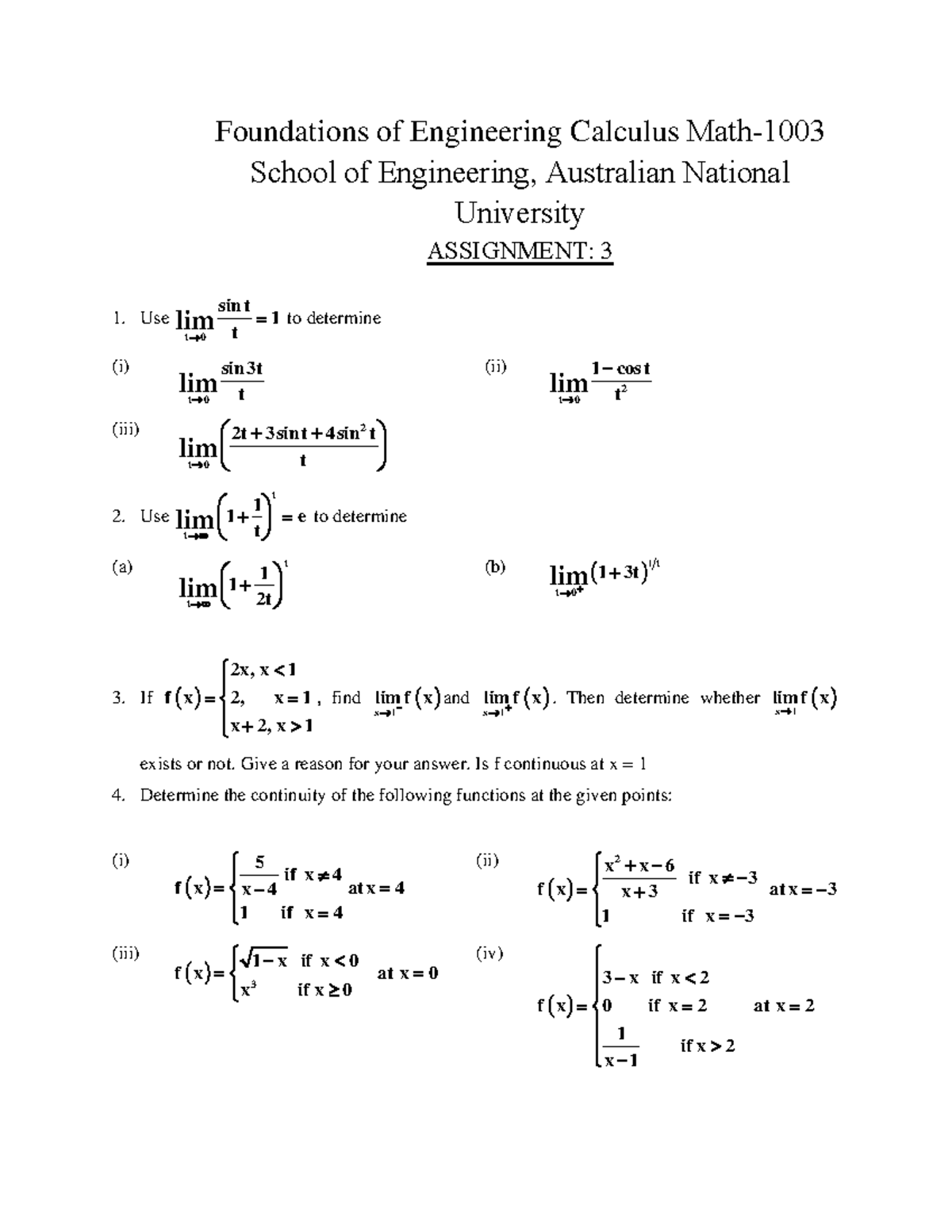 Assignment 3 Math 1003 - Foundations of Engineering Calculus Math- School of Engineering ...
