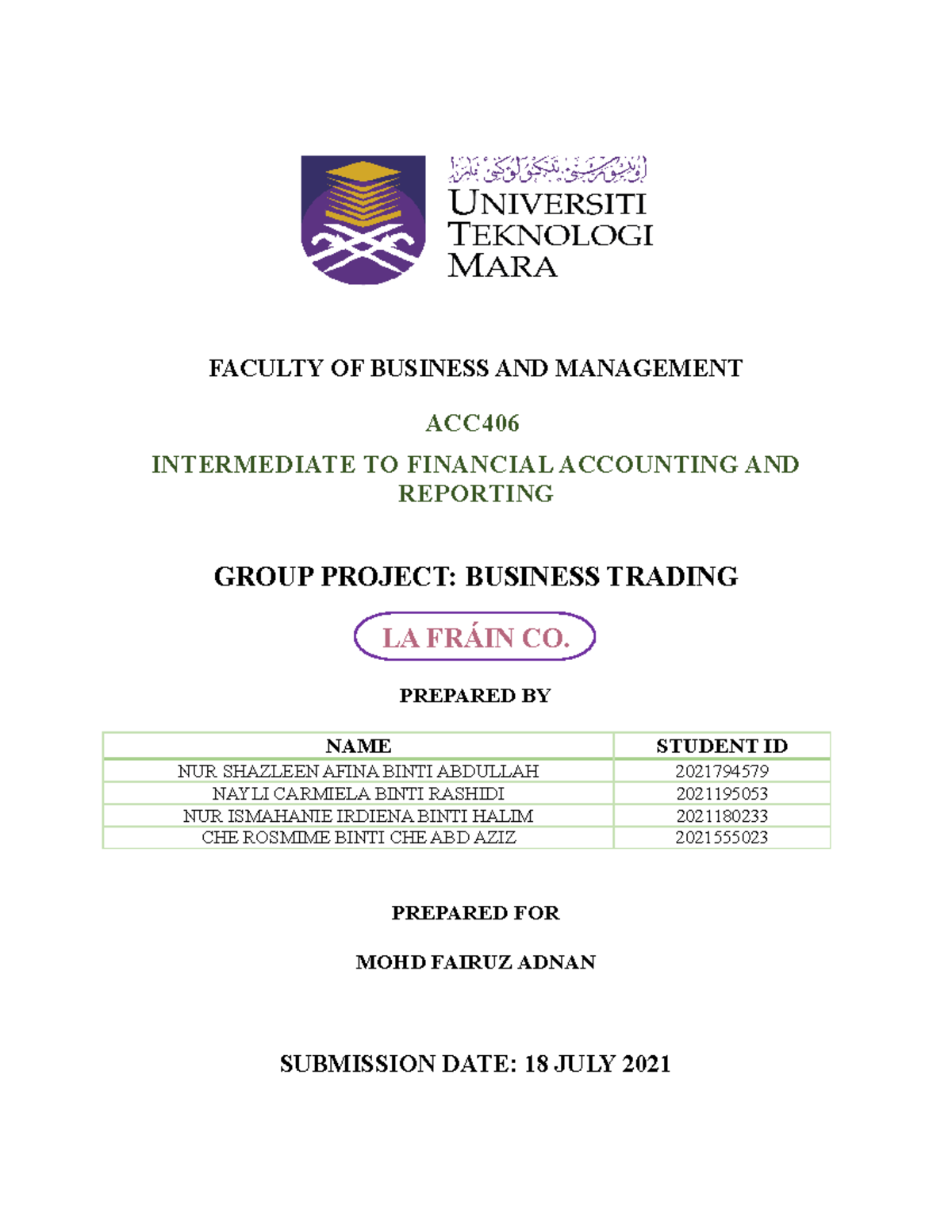 Business Trading ( Project 1) - FACULTY OF BUSINESS AND MANAGEMENT ACC ...