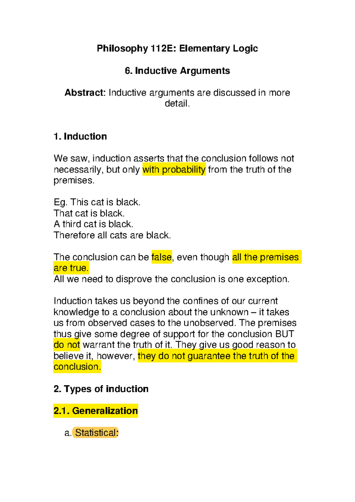 6 Inductive Arguments Lecture Notes Philosophy 112e Elementary