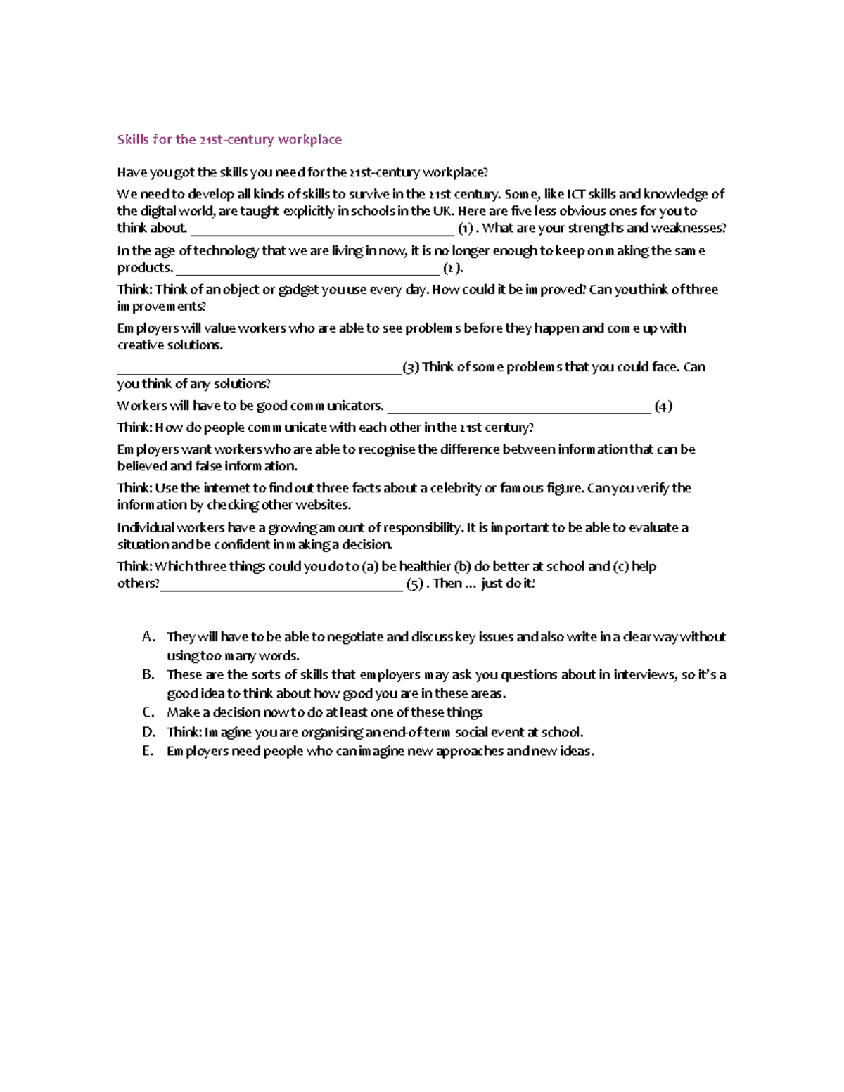 Gapped text exercises con key - Skills for the 21st-century workplace ...