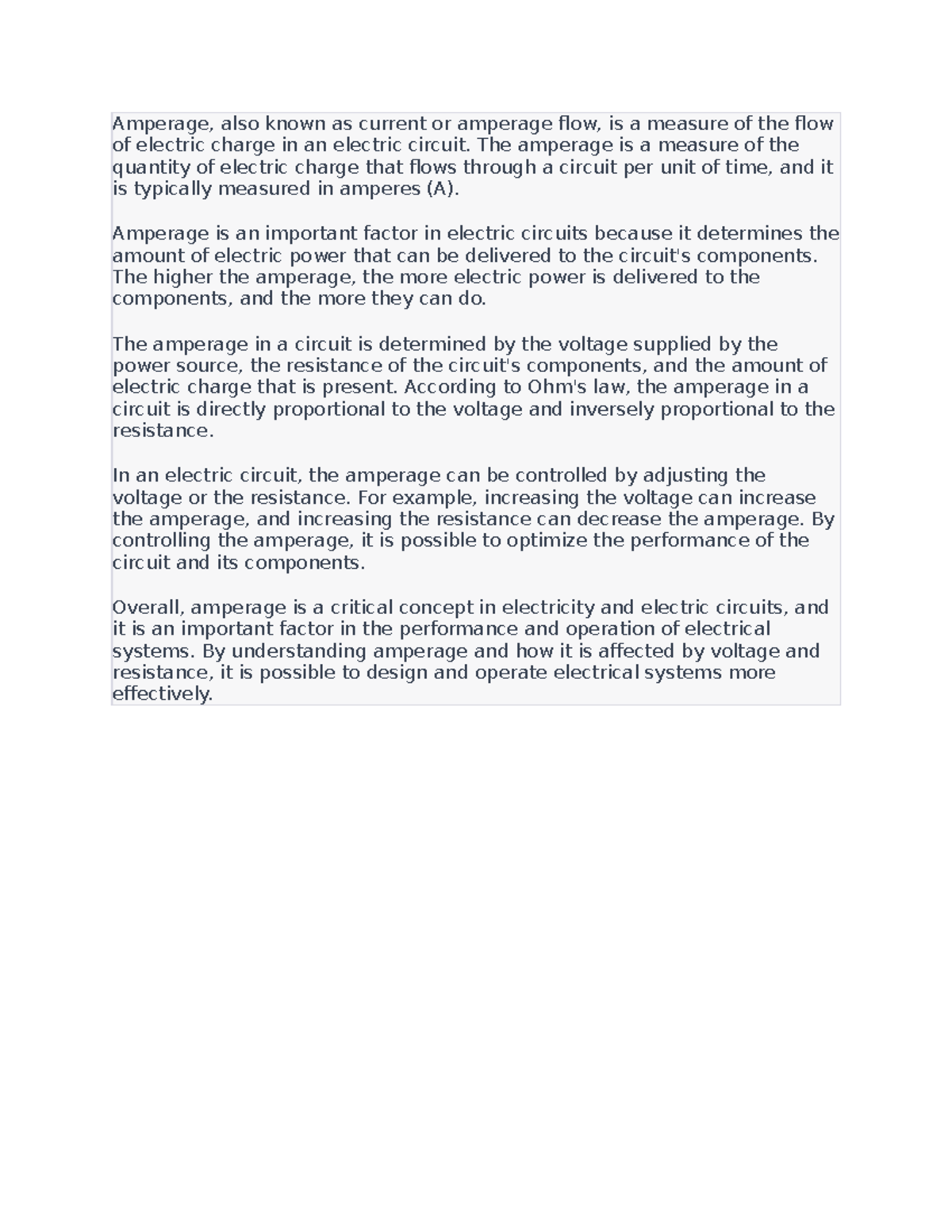 Amperage - The amperage is a measure of the quantity of electric charge ...