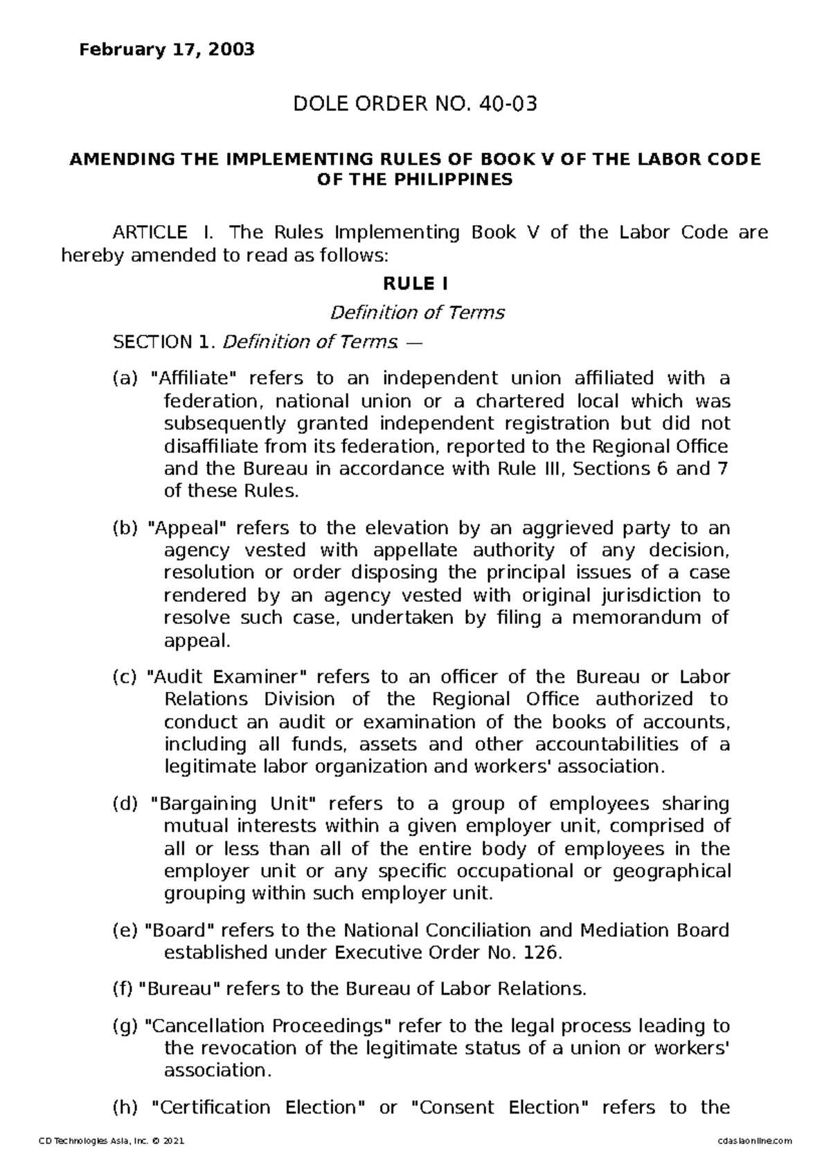 IRR - February 17, 2003 DOLE ORDER NO. 40- AMENDING THE IMPLEMENTING ...