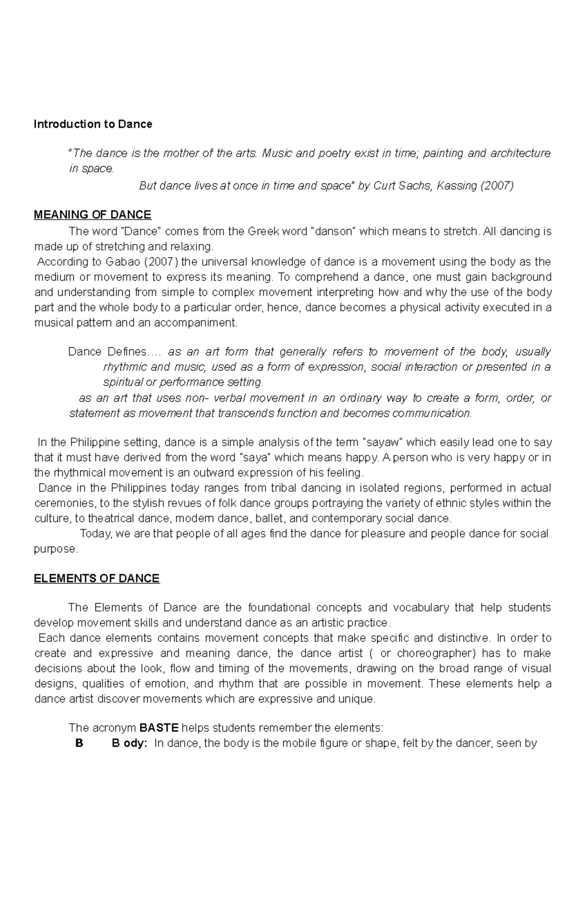 Introduction to Dance - Introduction to Dance “The dance is the mother ...