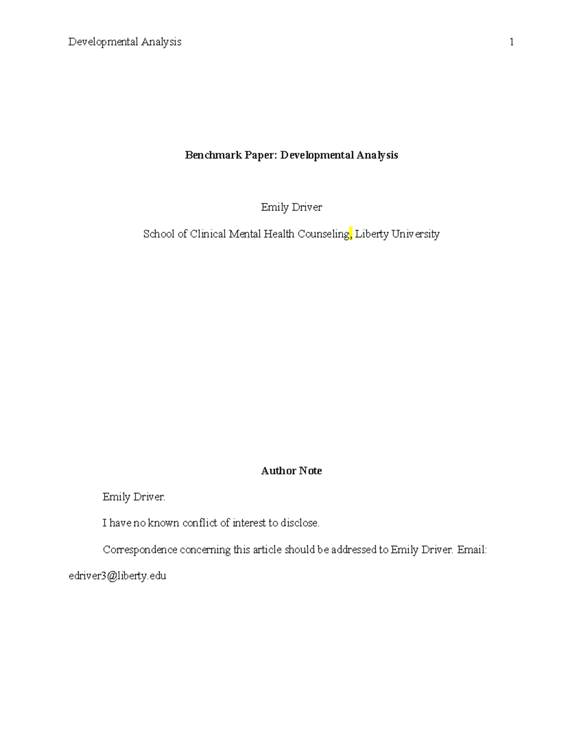 Benchmark Paper Growth Analysis - Benchmark Paper: Developmental Analysis Emily Driver School of ...
