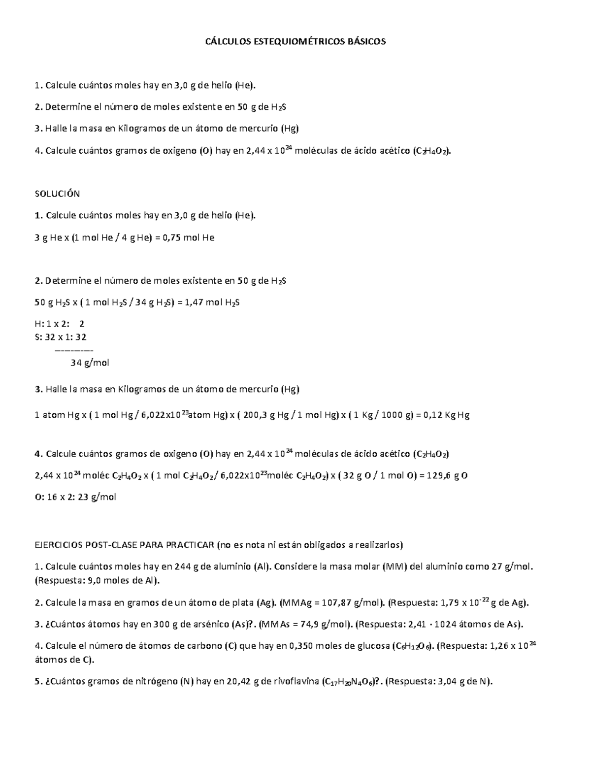 CÁ Lculos Estequiomé Tricos BÁ Sicos 10° - C¡LCULOS ESTEQUIOM.. B¡SICOS Calcule cu·ntos moles ...