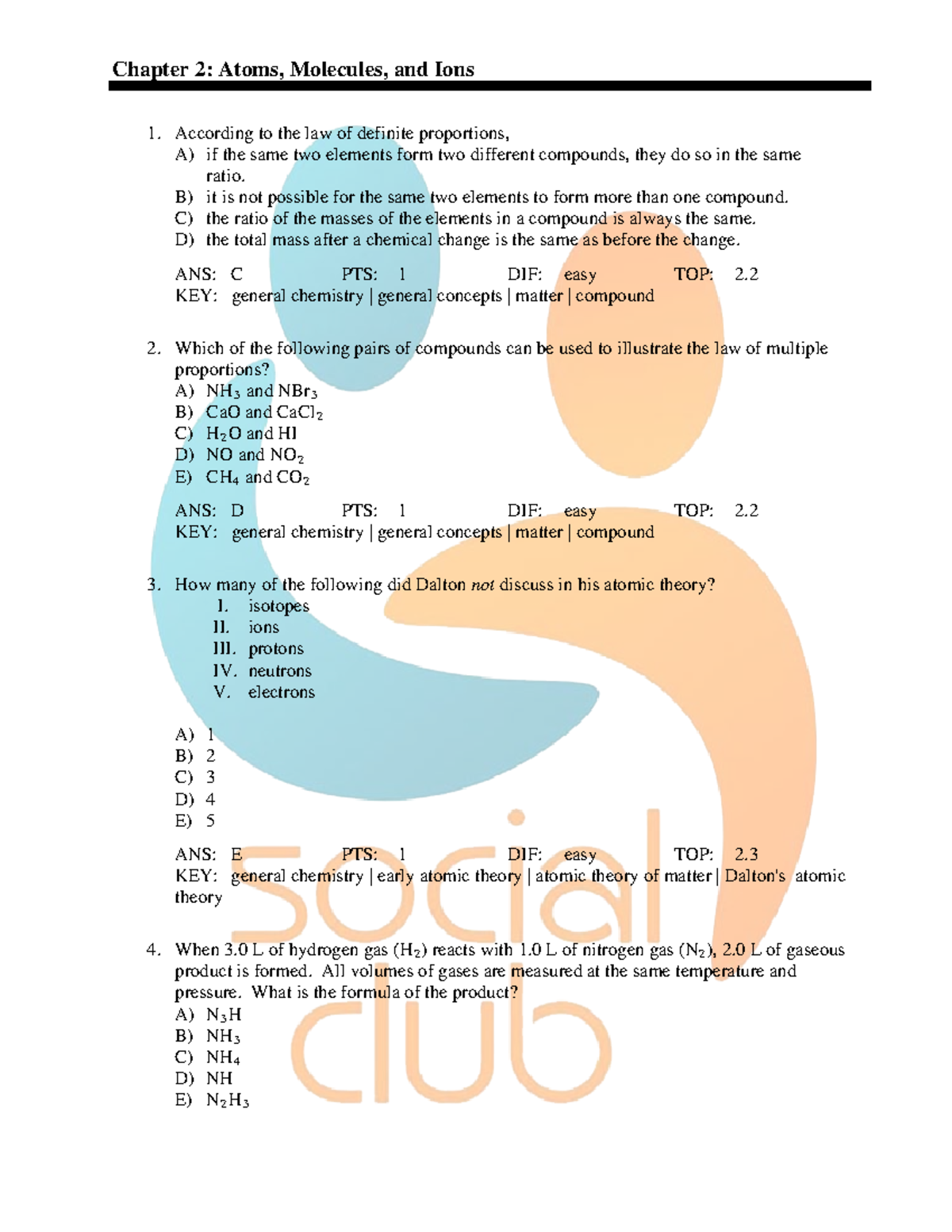 Ch2 chm211 7th ed - past papers MCQ! - Chapter 2: Atoms, Molecules, and ...