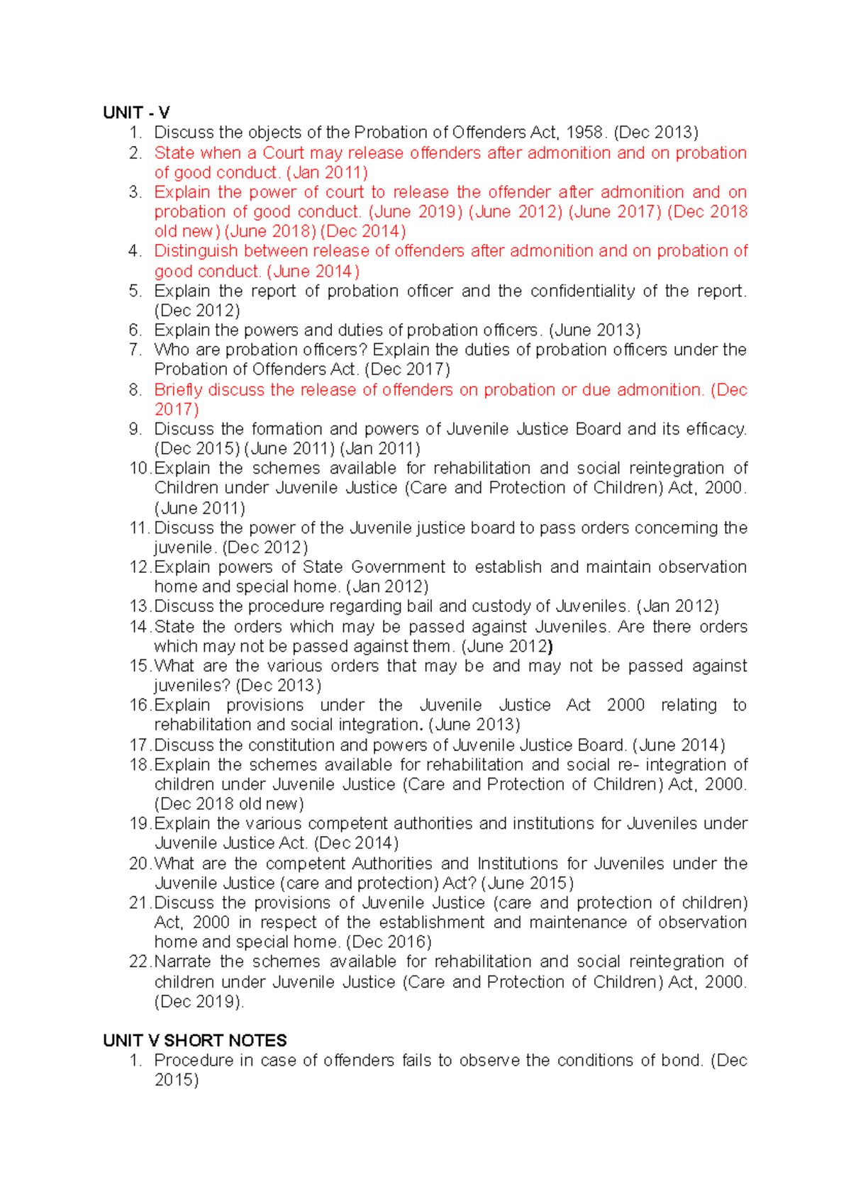 UNIT 5 JJ Act etc - 3 year LLB CrPC - UNIT - V Discuss the objects of ...