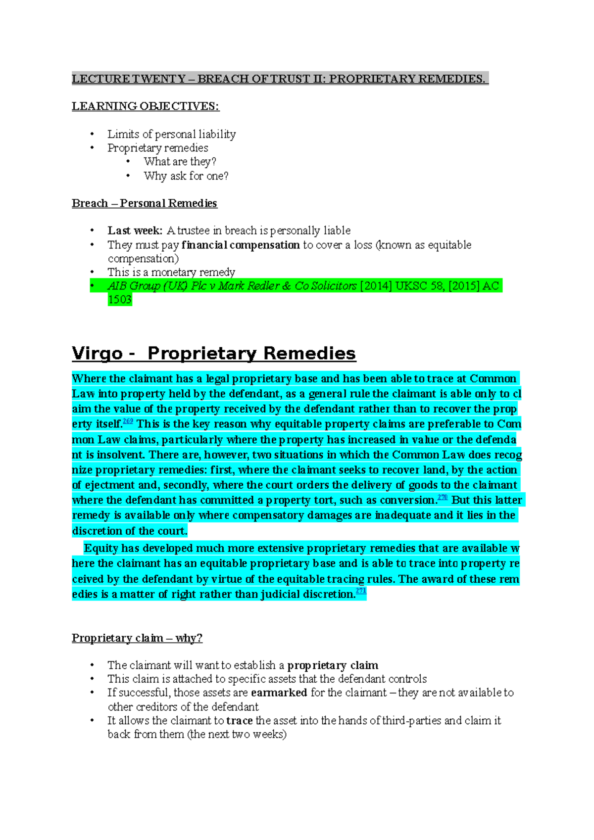 Equity and trusts - LECTURE TWENTY – BREACH OF TRUST II: PROPRIETARY ...