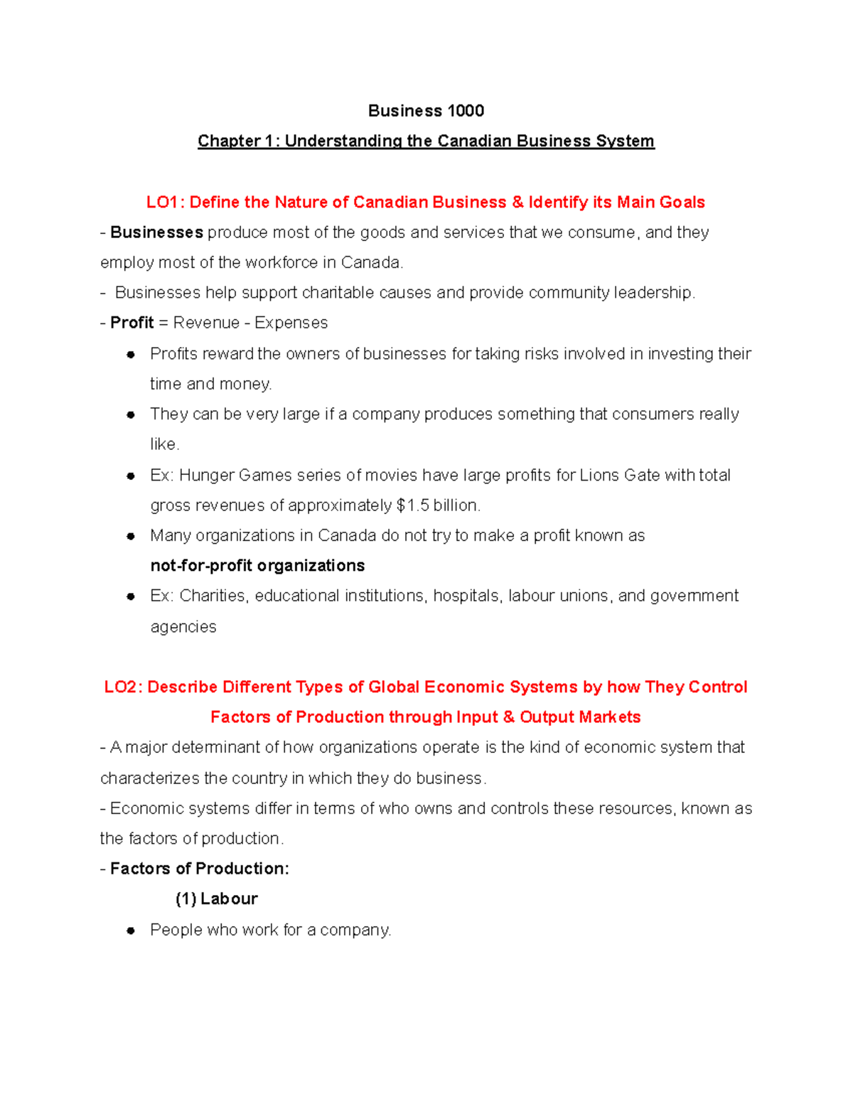 MID 1 Notes: Chapter 1 2 4 6 - Business 1000 Chapter 1: Understanding ...