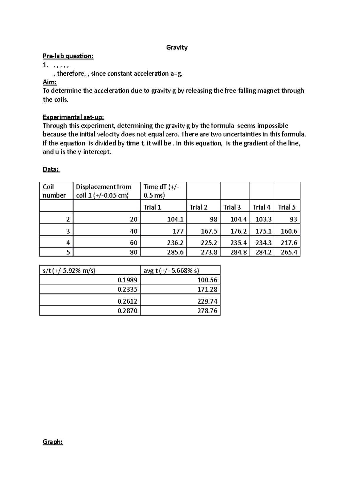 PHYC10003 practical 2 report - Gravity Pre-lab question ...