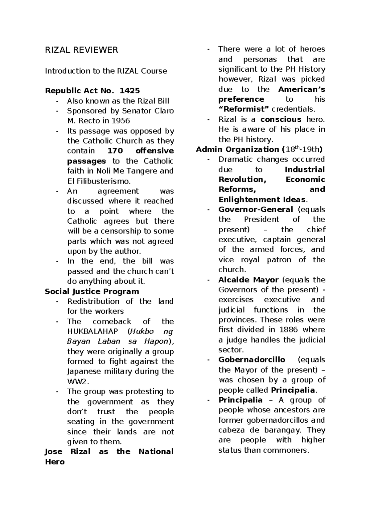 Rizal Reviewer - RIZAL REVIEWER Introduction to the RIZAL Course ...