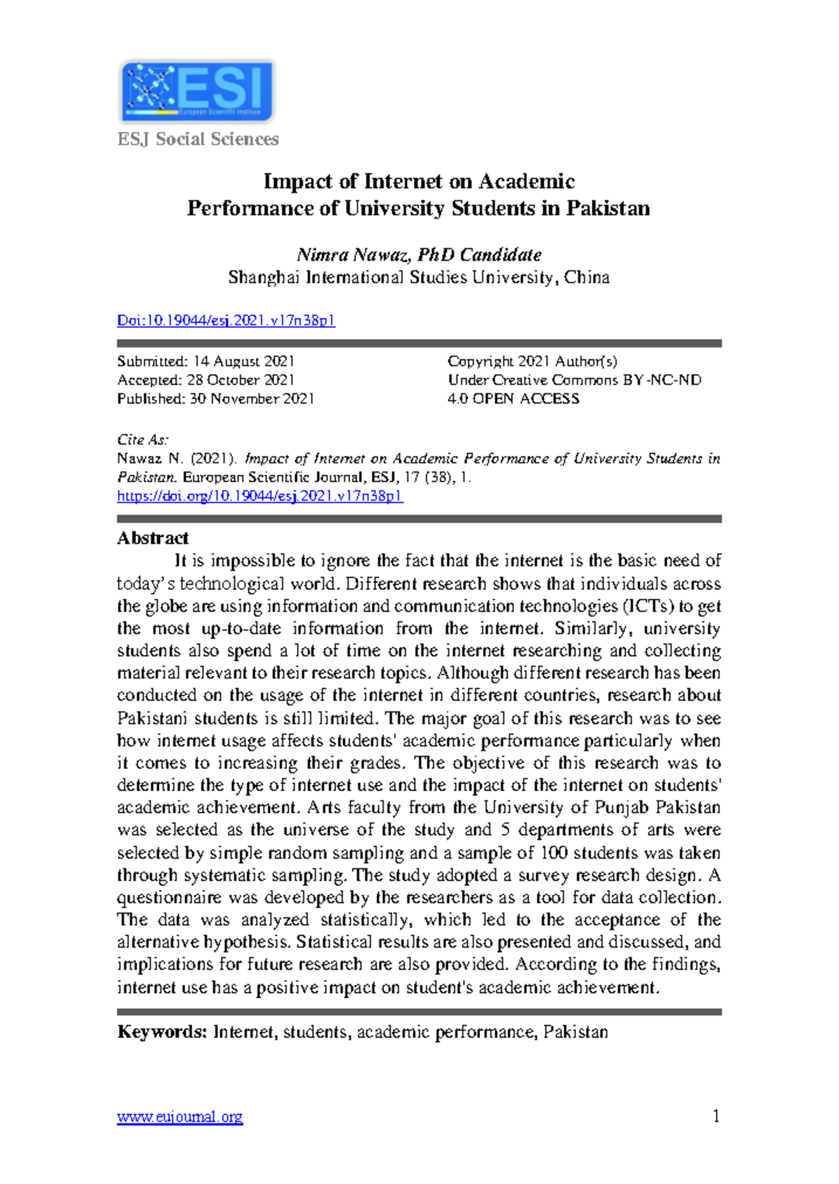 Impact of Internet on Academic Performance of Univ - ESJ Social ...