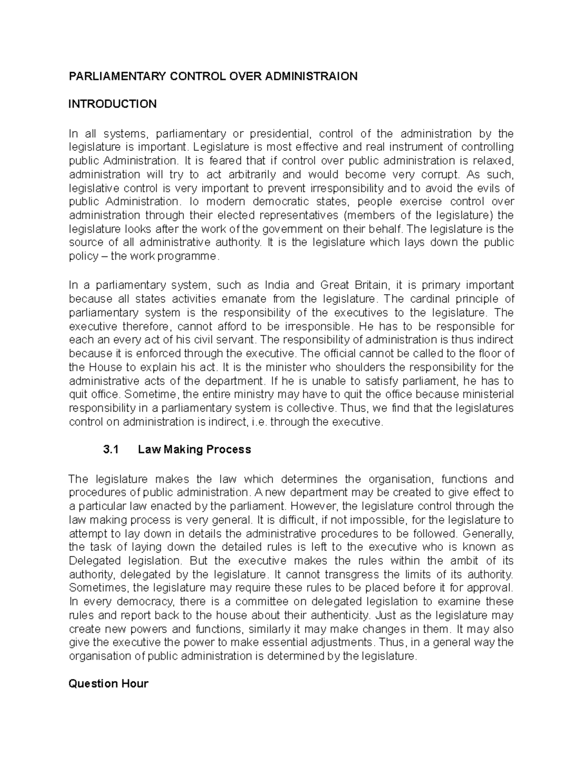 Parliamentary Control OVER Administraion - PARLIAMENTARY CONTROL OVER ...