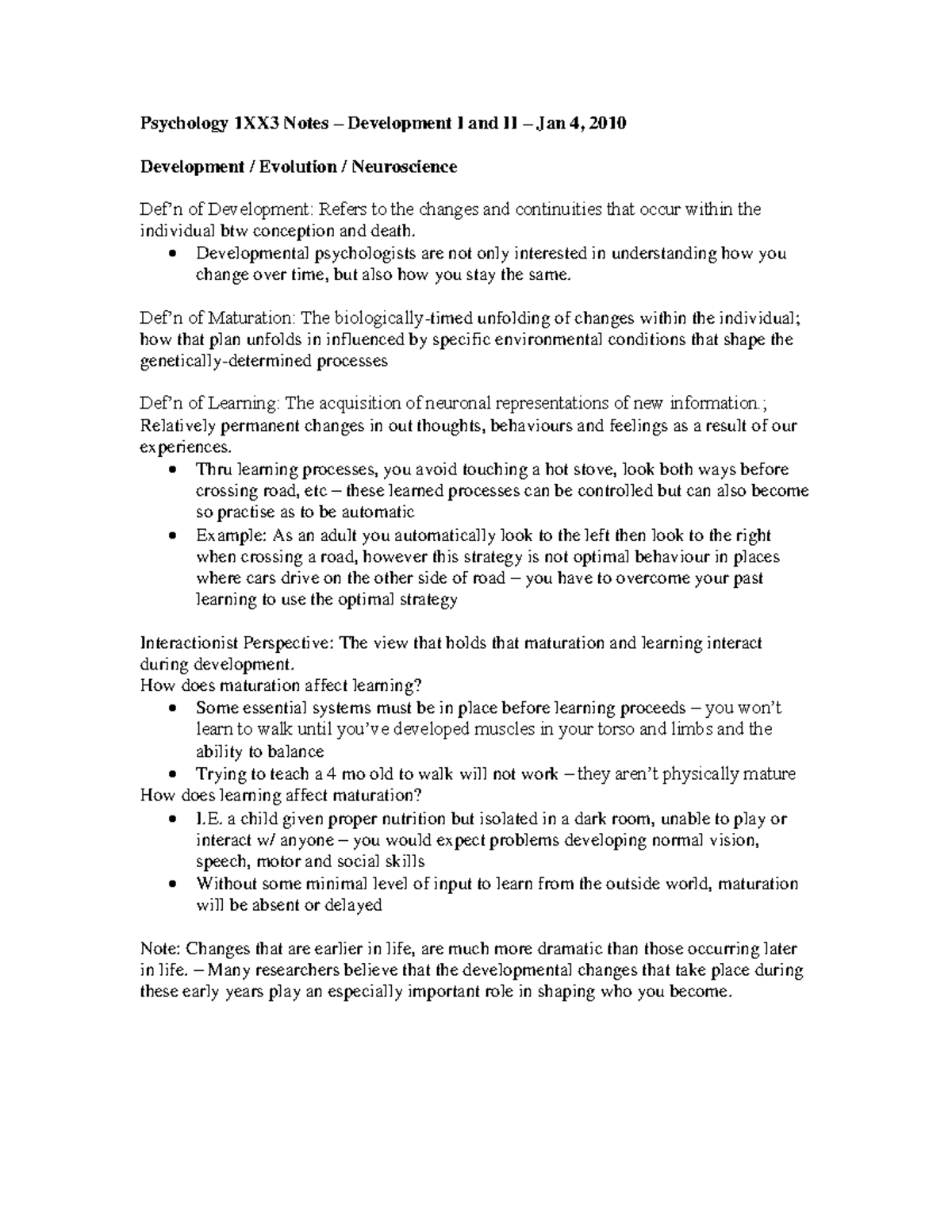 Lecture notes, Development I and II - Psychology 1XX3 Notes ...
