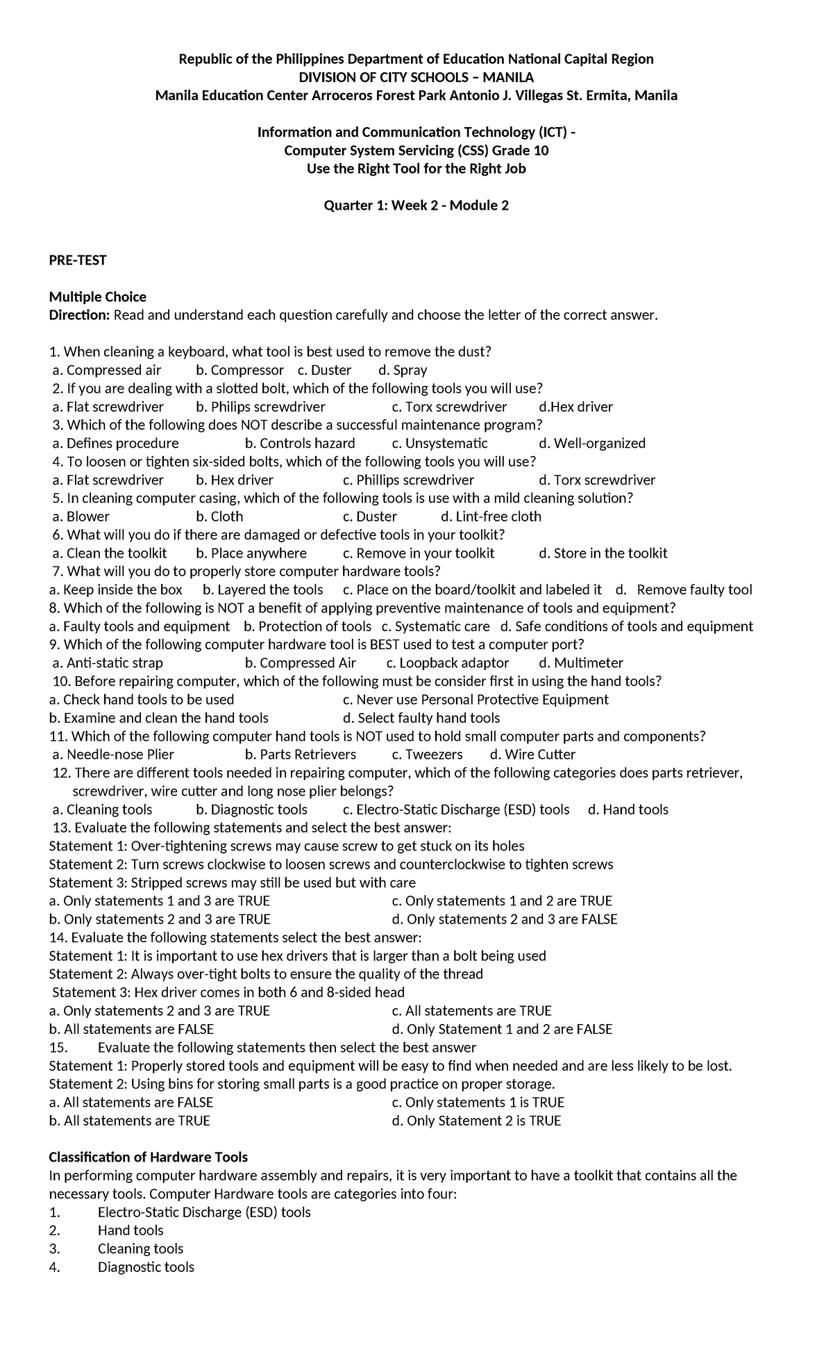 CSS Grade 7 - Worksheet - Republic of the Philippines Department of ...
