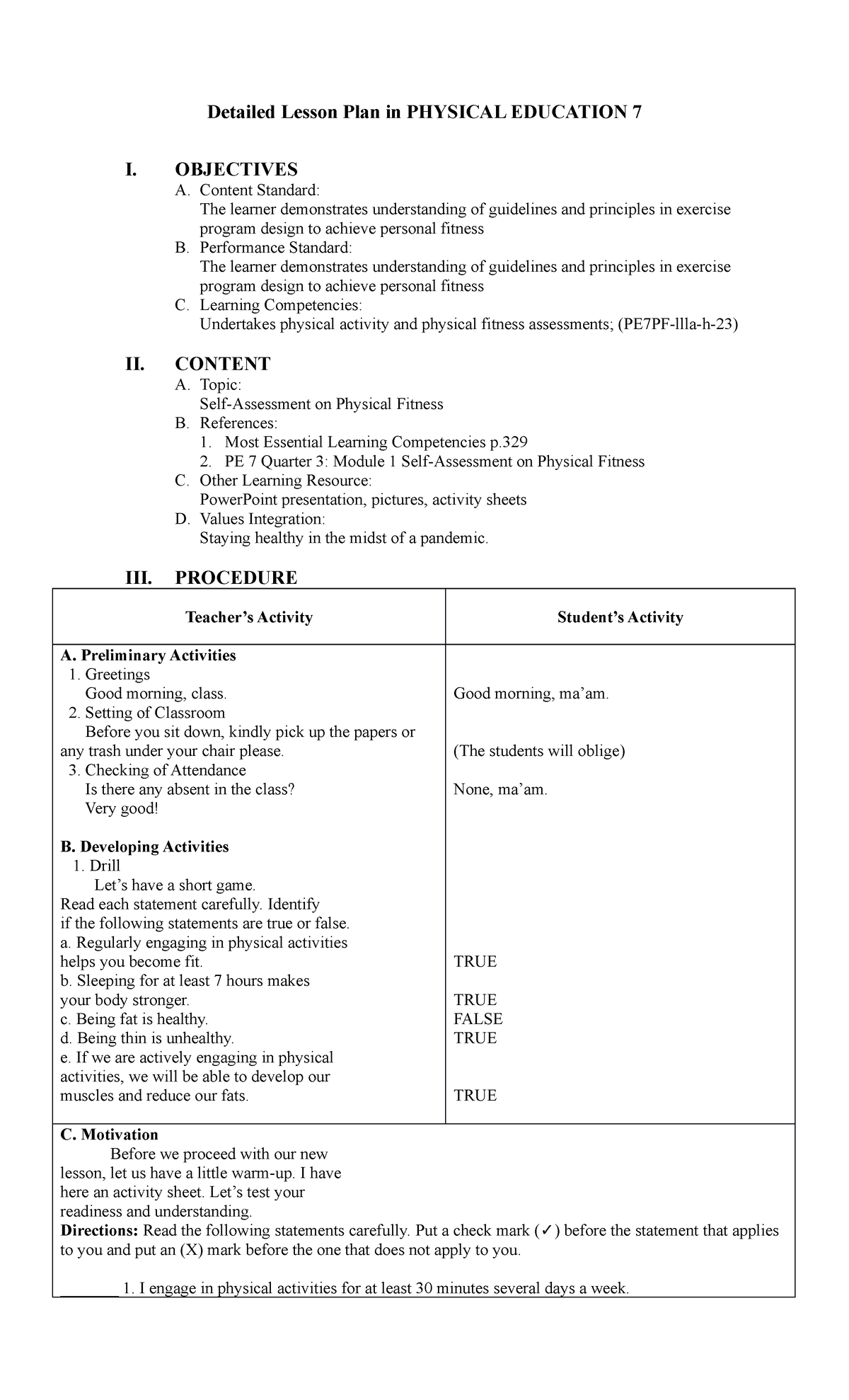 Lesson PLAN IN Physical Education 7 - Detailed Lesson Plan in PHYSICAL ...