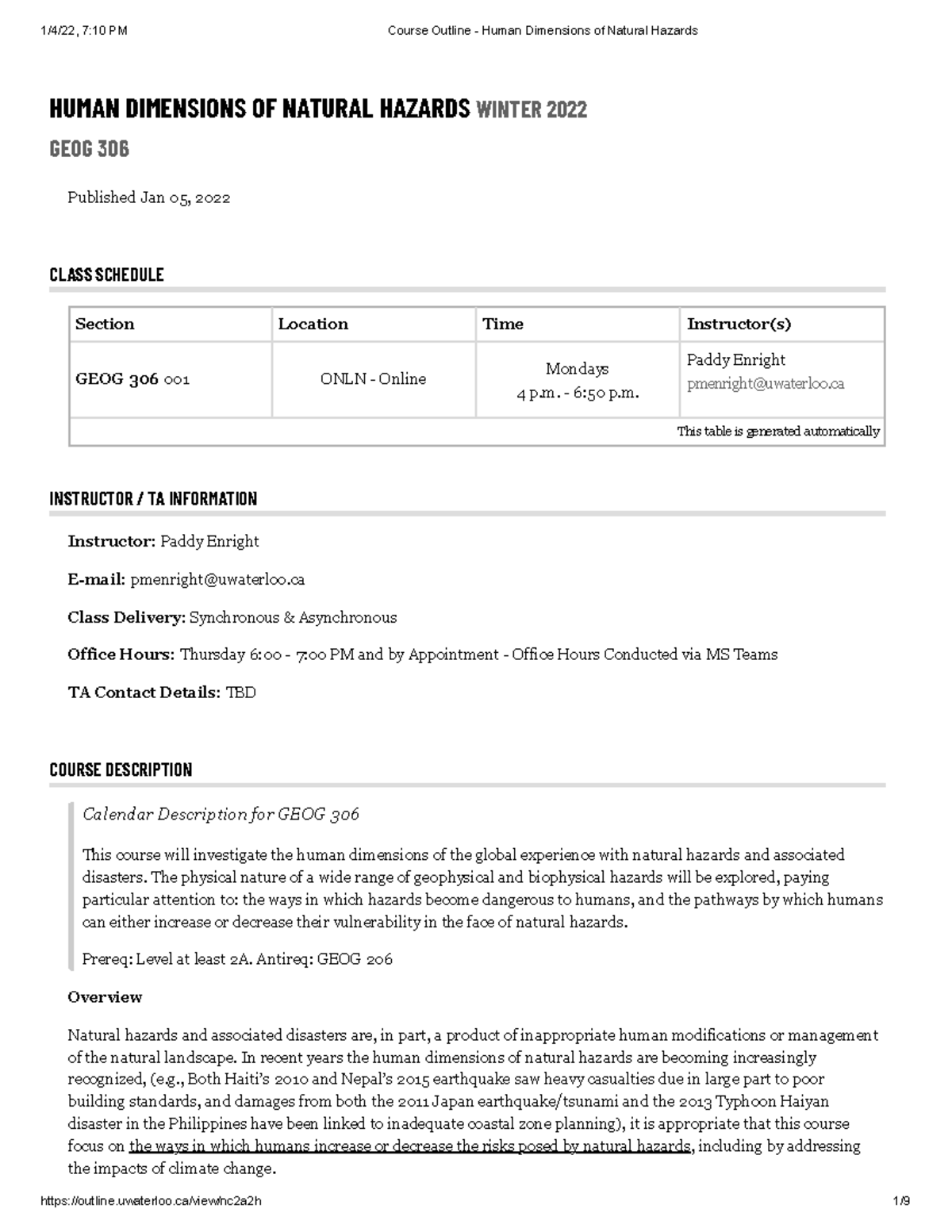 Course Outline - Human Dimensions of Natural Hazards - HUMAN DIMENSIONS ...
