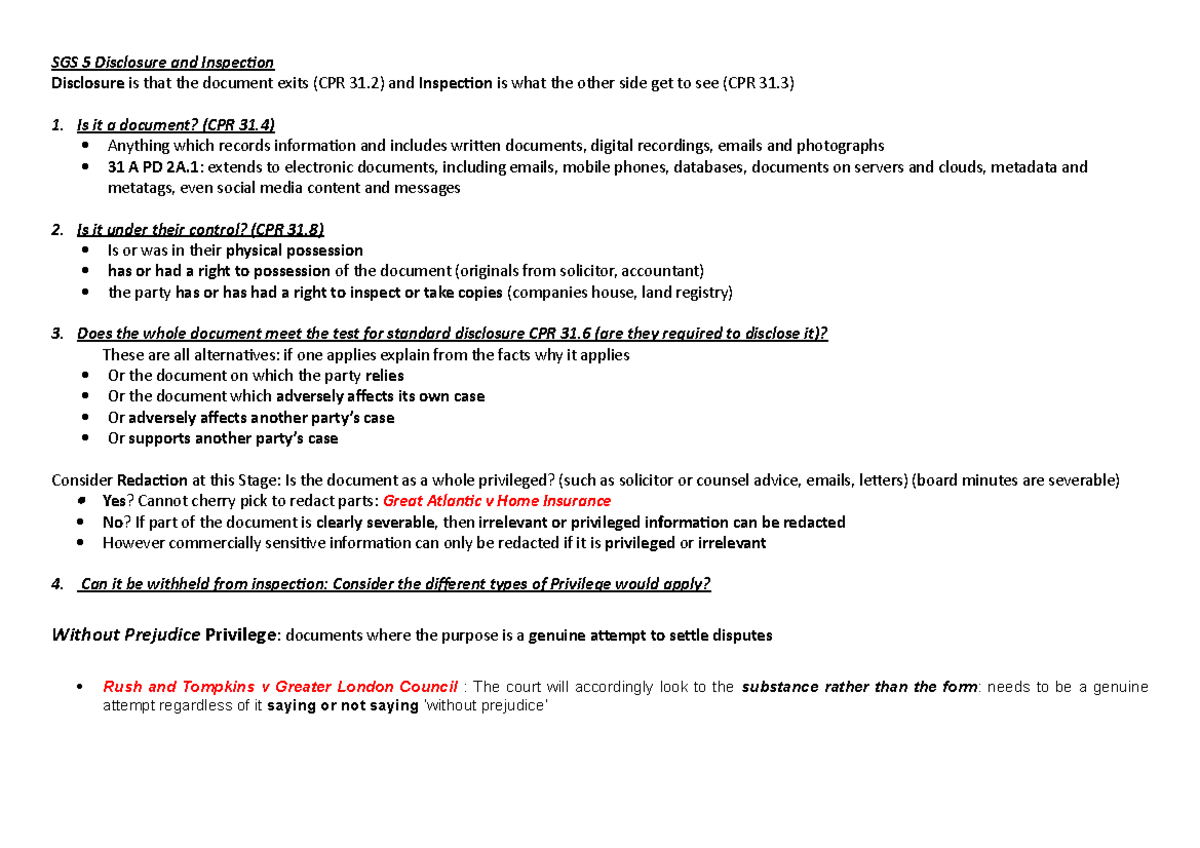 Disclosure SGS 5 for Civil Litigation. Applicable to exam questions ...