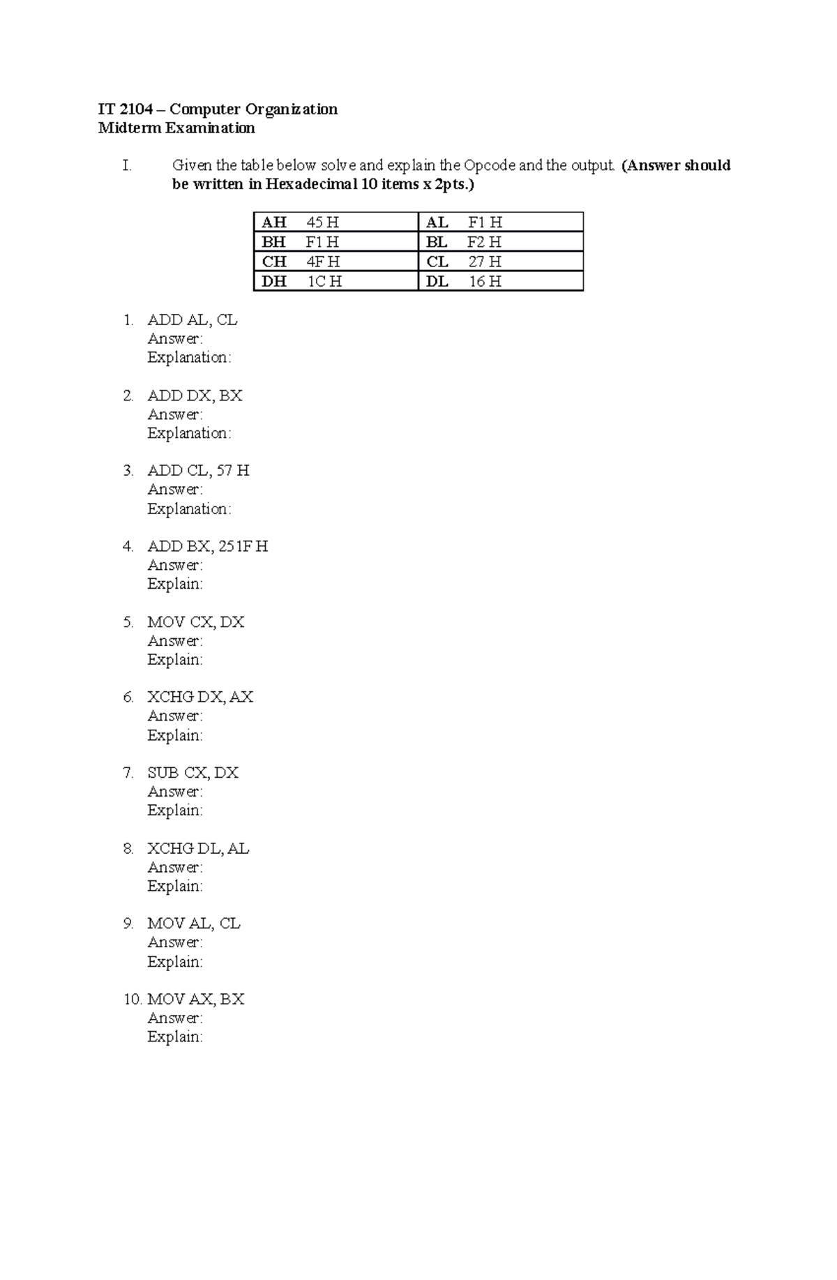 IT 2104-Computer Organization-Midterm Exam - IT 2104 – Computer ...