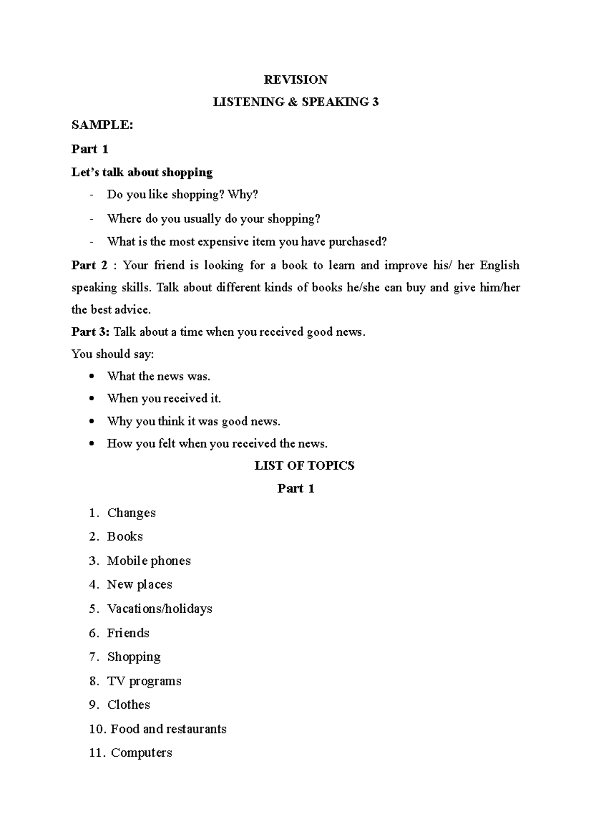 Revision - Speaking 3 - NOTHING - REVISION LISTENING & SPEAKING 3 ...