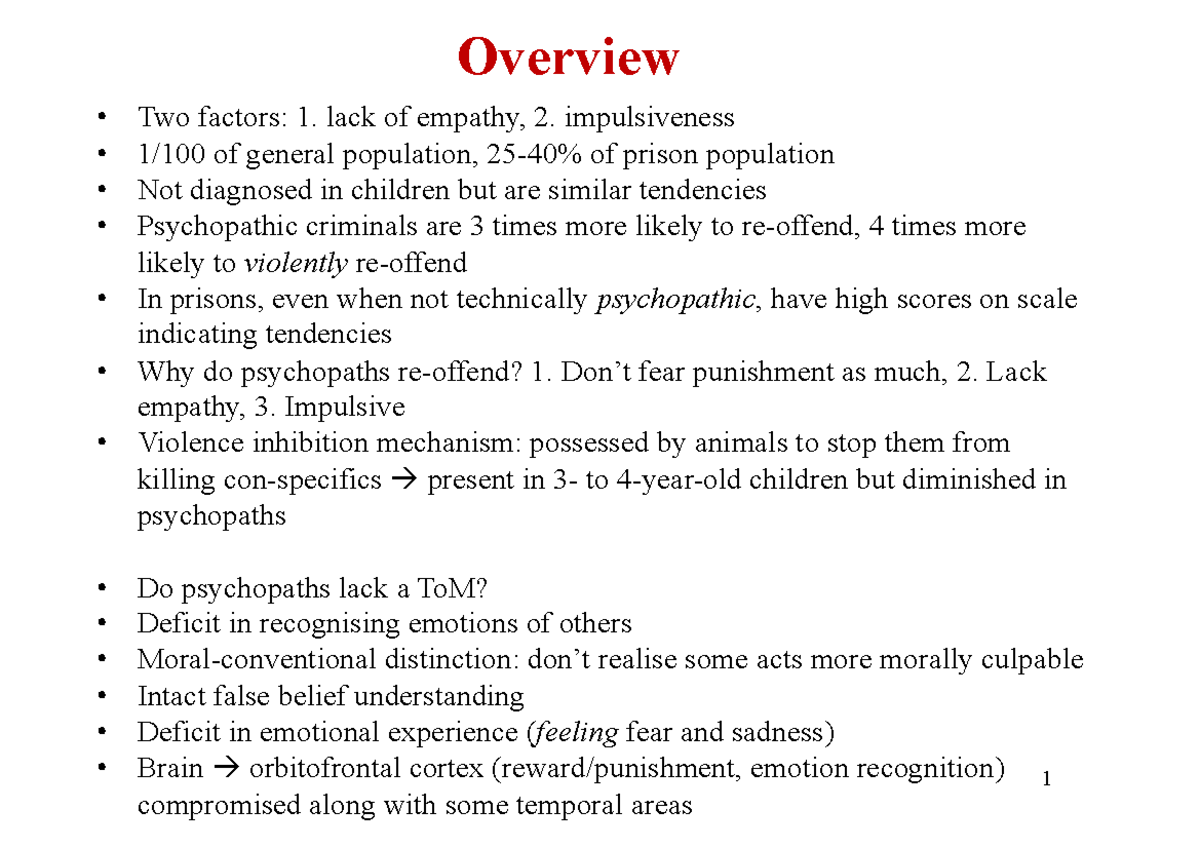 Psychopathy 2023 Short 1 Slide - 1 Overview Two factors: 1. lack of ...