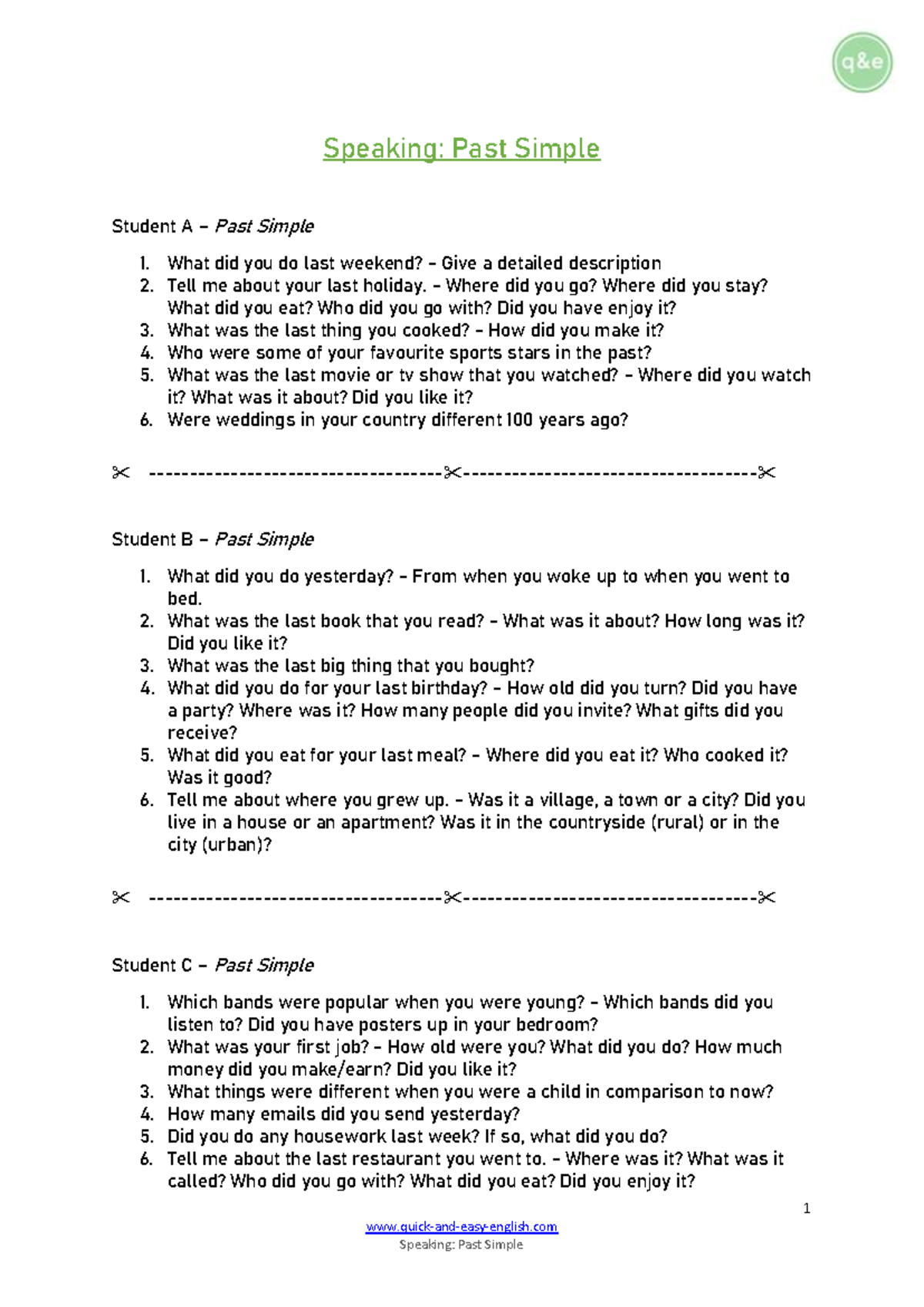Speaking Past Simple Threes A2 1 1 - 1 quick-and-easy-english Speaking ...
