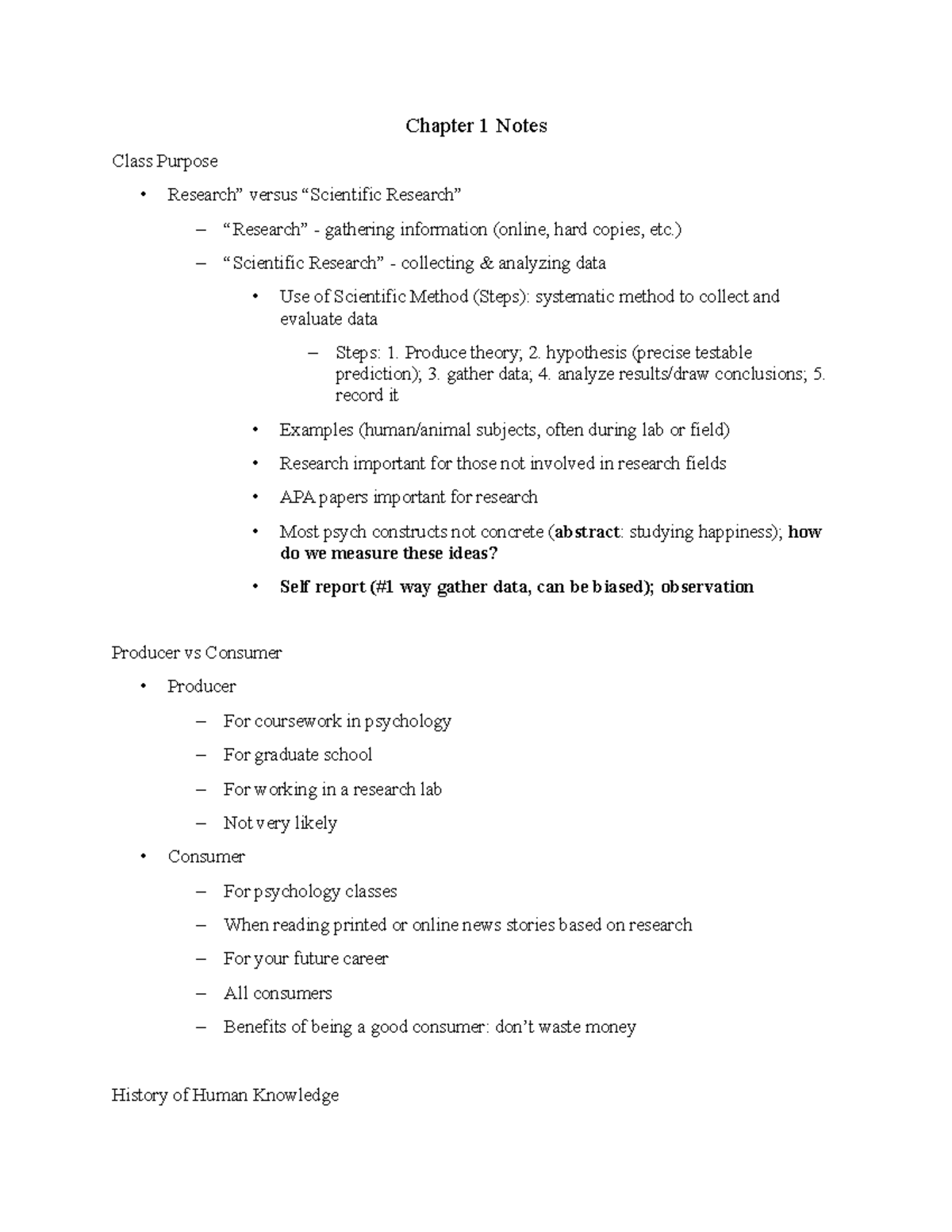 PSY 301 Chapter 1 Notes - Chapter 1 Notes Class Purpose - Research ...
