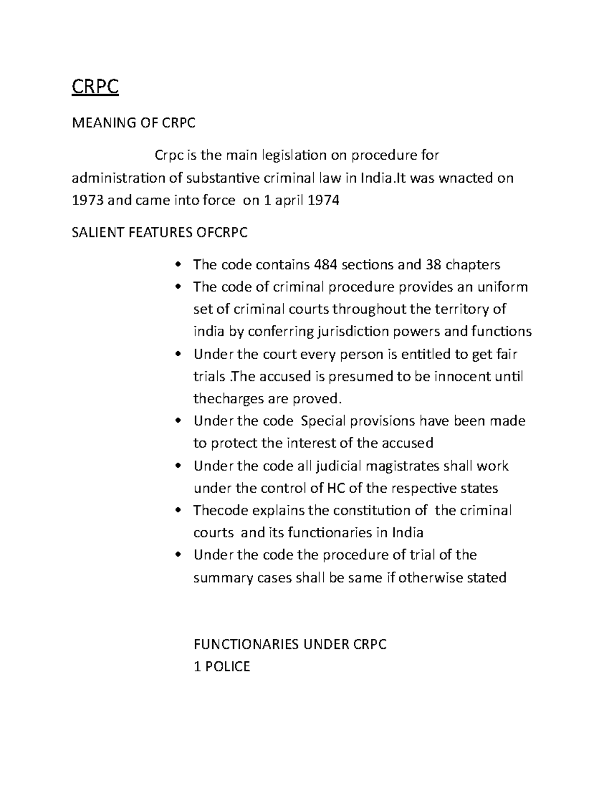 Crpc Just Class Notes Crpc Meaning Of Crpc Crpc Is The Main Legislation On Procedure For