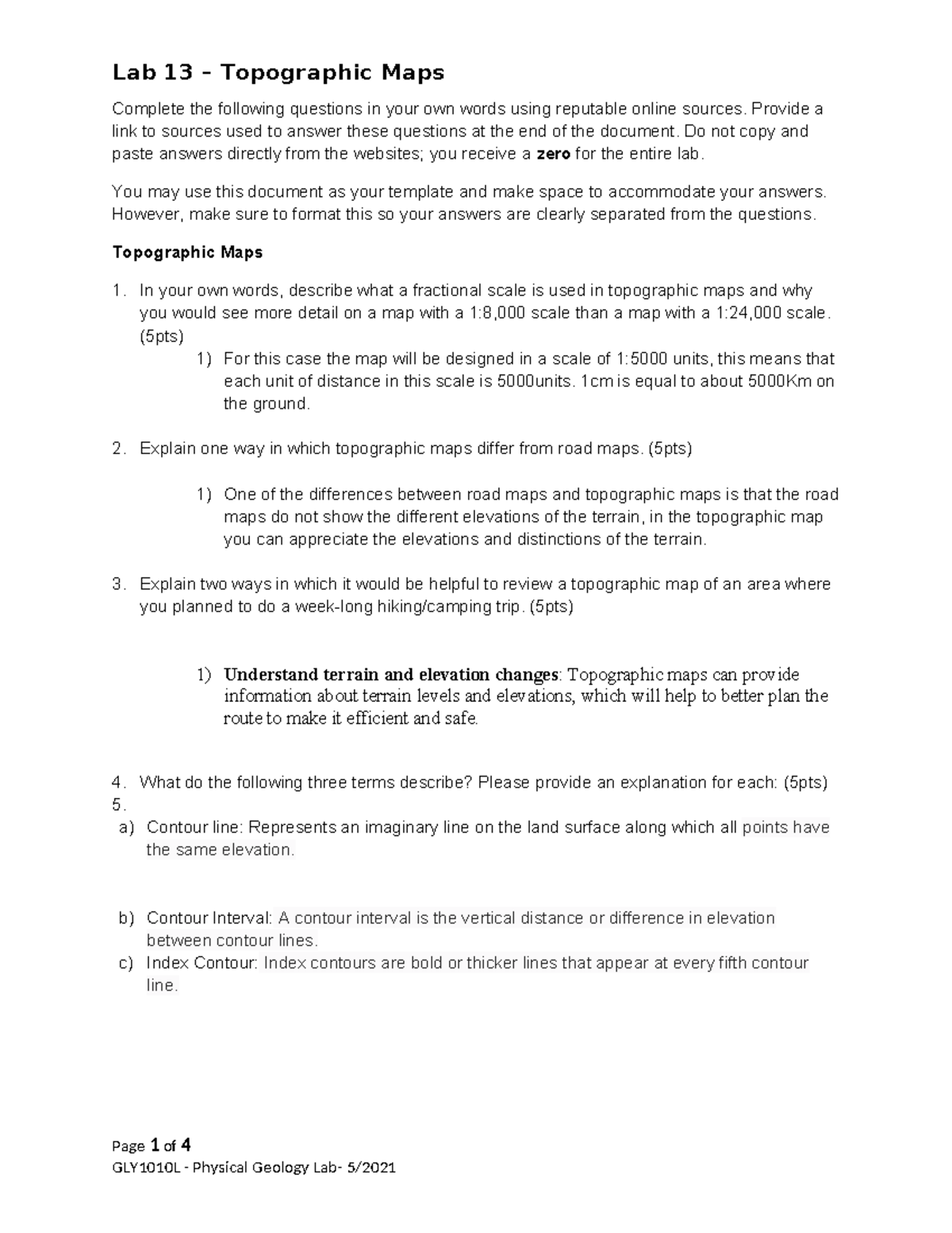 Topo Lab Worksheet with Questions - Complete the following questions in ...