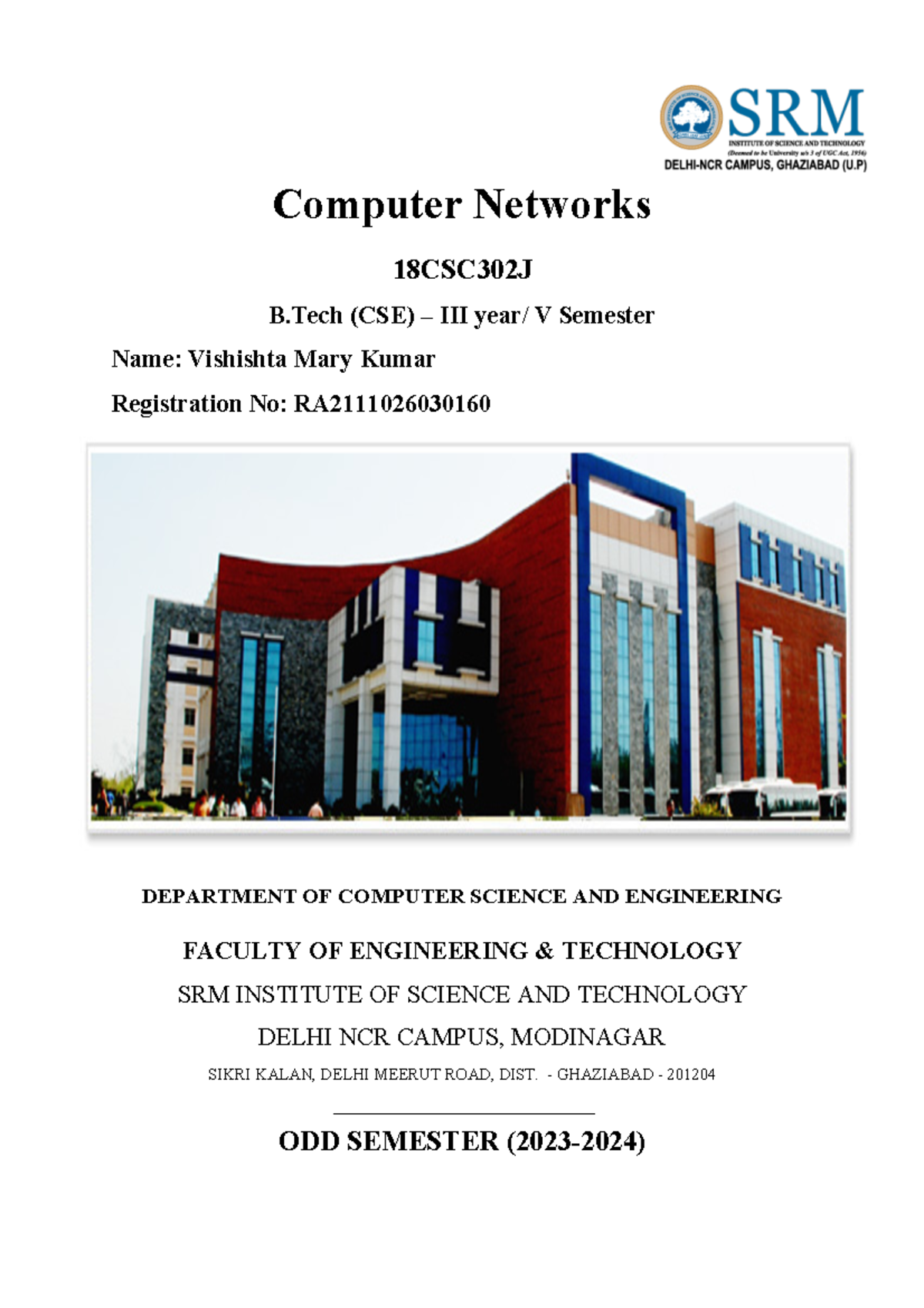 Cn final print - svxffvbsf - Computer Networks 18CSC302J B (CSE) – III ...