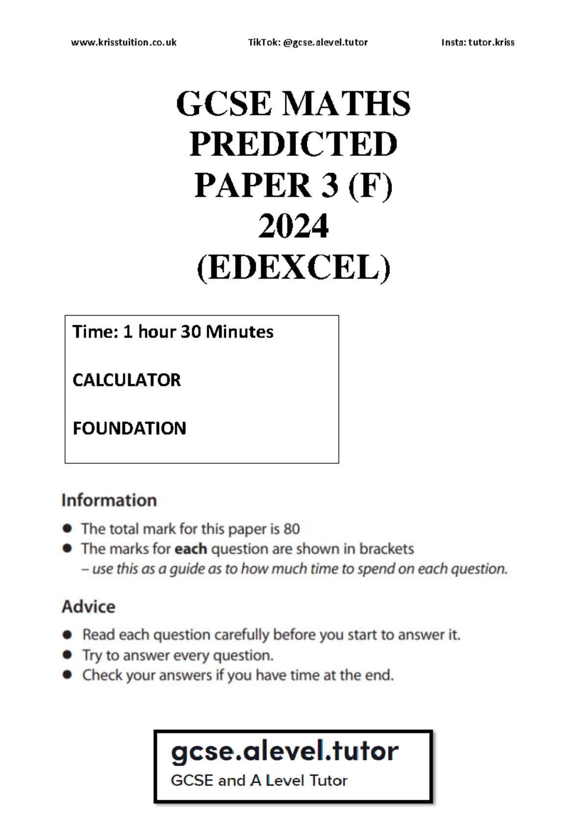 2024 Predicted Edexcel Maths Paper 3 (F) - GCSE MATHS PREDICTED PAPER 3 (F) 2024 (EDEXCEL) Time ...