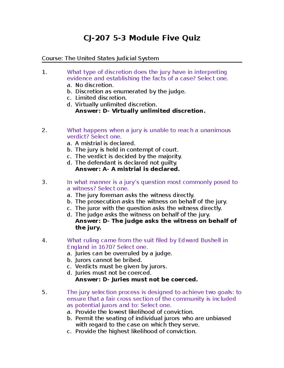 CJ 207 5-3 Quiz - Quiz for all of Module 5 - CJ-207 5-3 Module Five ...