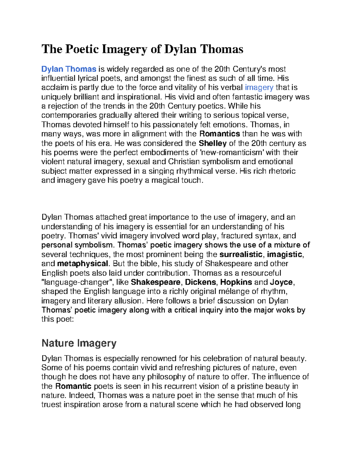 The Poetic Imagery of Dylan Thomas - His acclaim is partly due to the ...