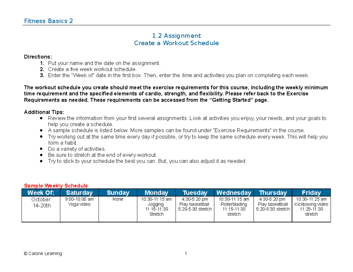 Fb2 1 2 workout schedule - Fitness Basics 2 1 Assignment Create a ...