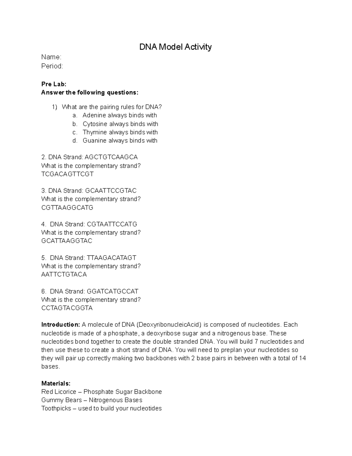 DNA Base Pairing Worksheet and Model Activity 2 - DNA Model Activity ...