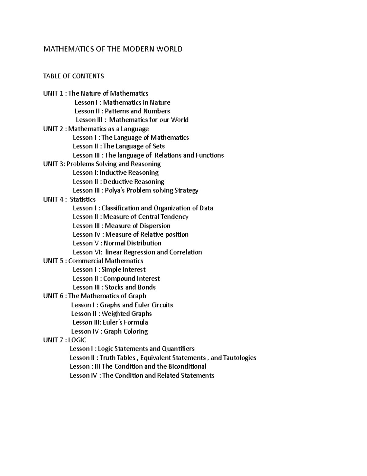 Mathematics-unit1lesson - MATHEMATICS OF THE MODERN WORLD TABLE OF ...