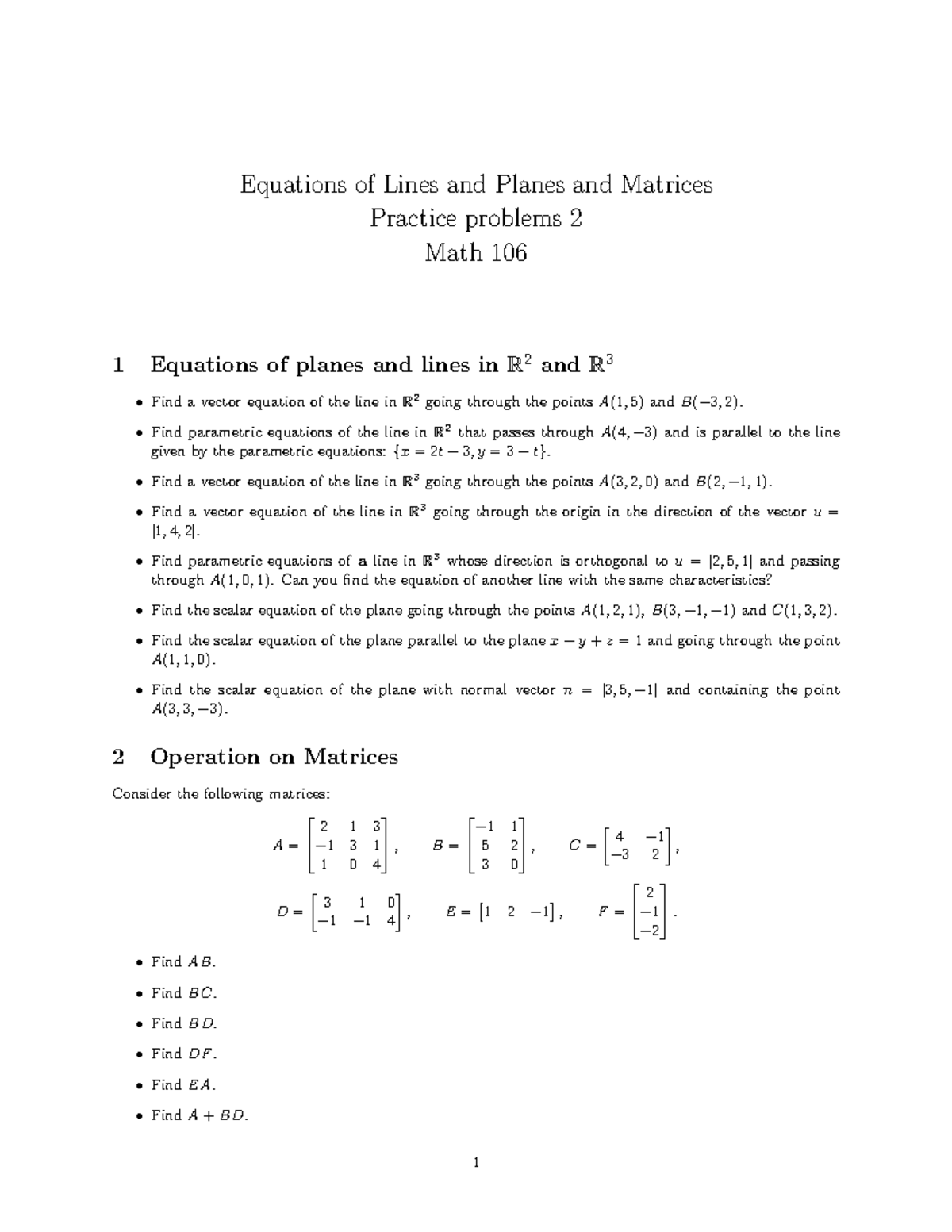 Practice Problems 2 - Equations of Lines and Planes and Matrices ...