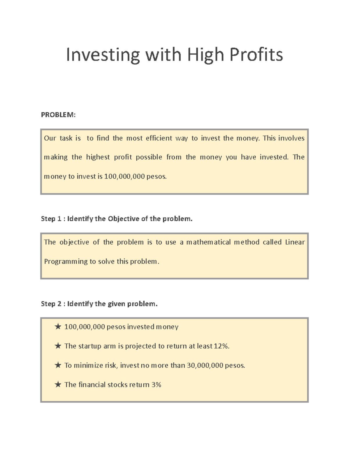 Investing with High Profits - Investing with High Profits PROBLEM: Our ...