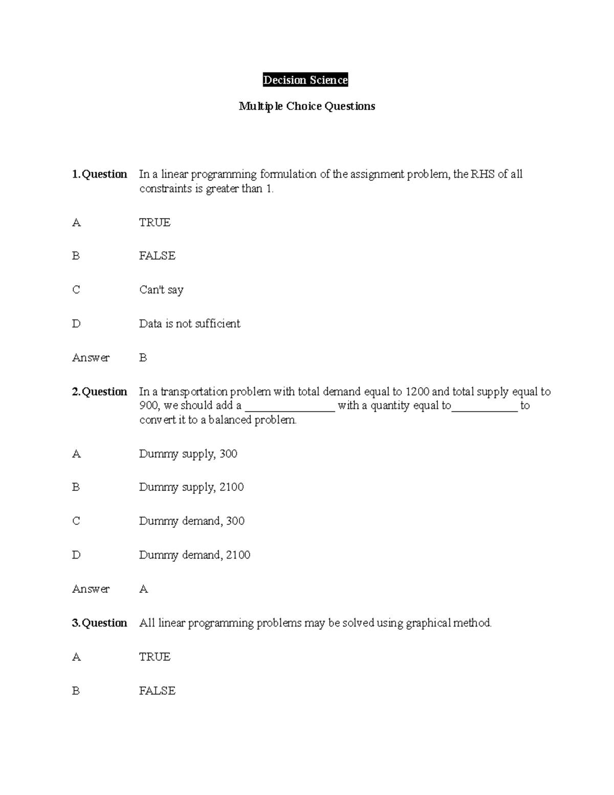 Decision Science MCQ TEST 7 with Answer Key - Decision Science Multiple ...