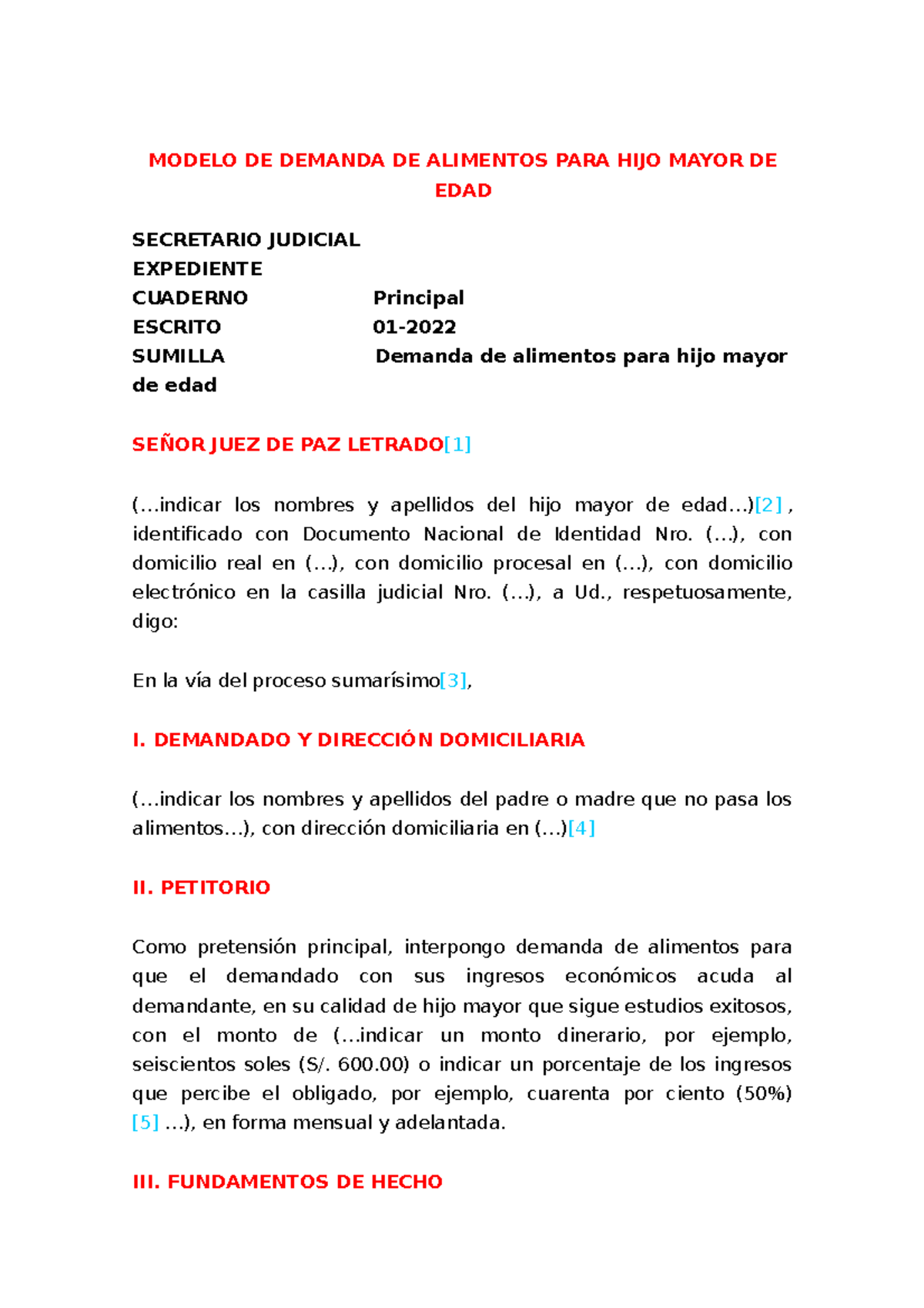 Modelo DE Demanda DE Alimentos PARA HIJO Mayor DE EDAD - MODELO DE ...