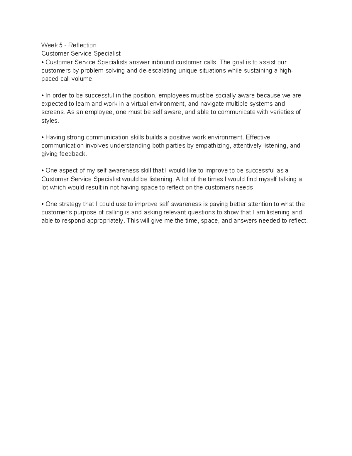 COM100Wk5-Reflection - Week 5 - Reflection: Customer Service Specialist Customer Service ...