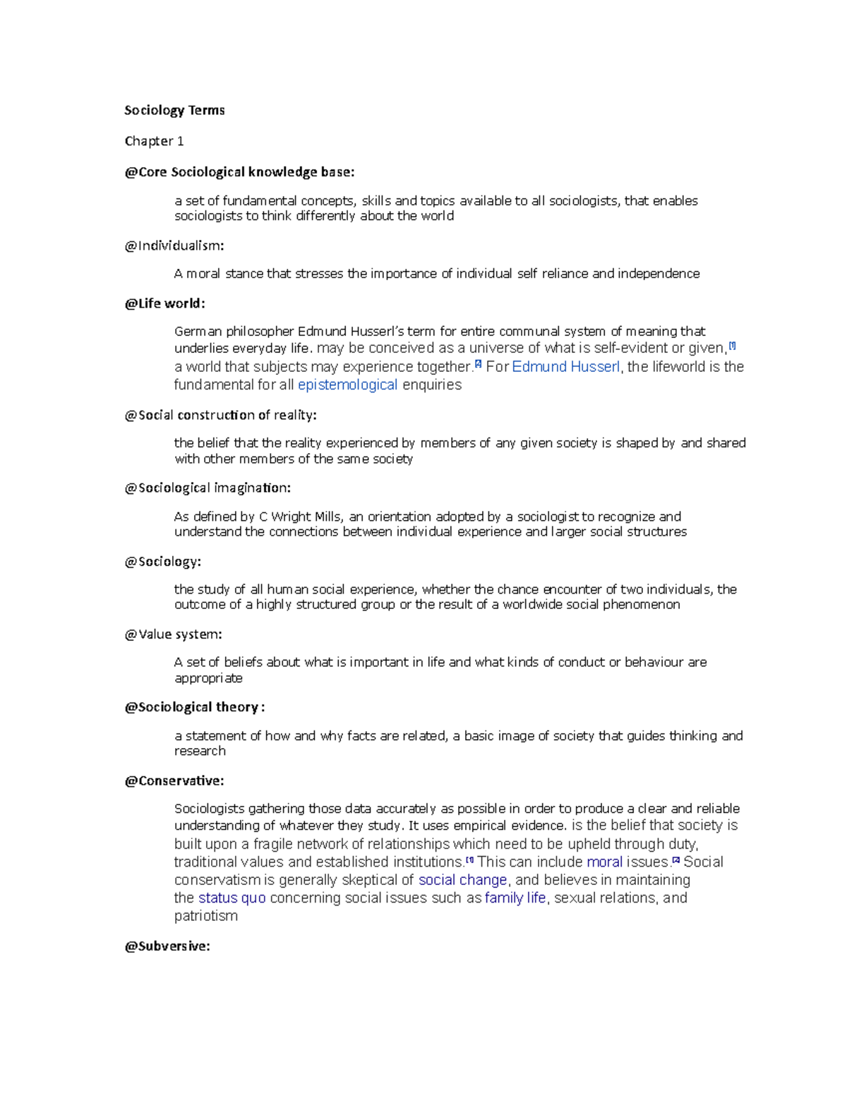 Sociology terms - Notes for Studying - Sociology Terms Chapter 1 @Core ...