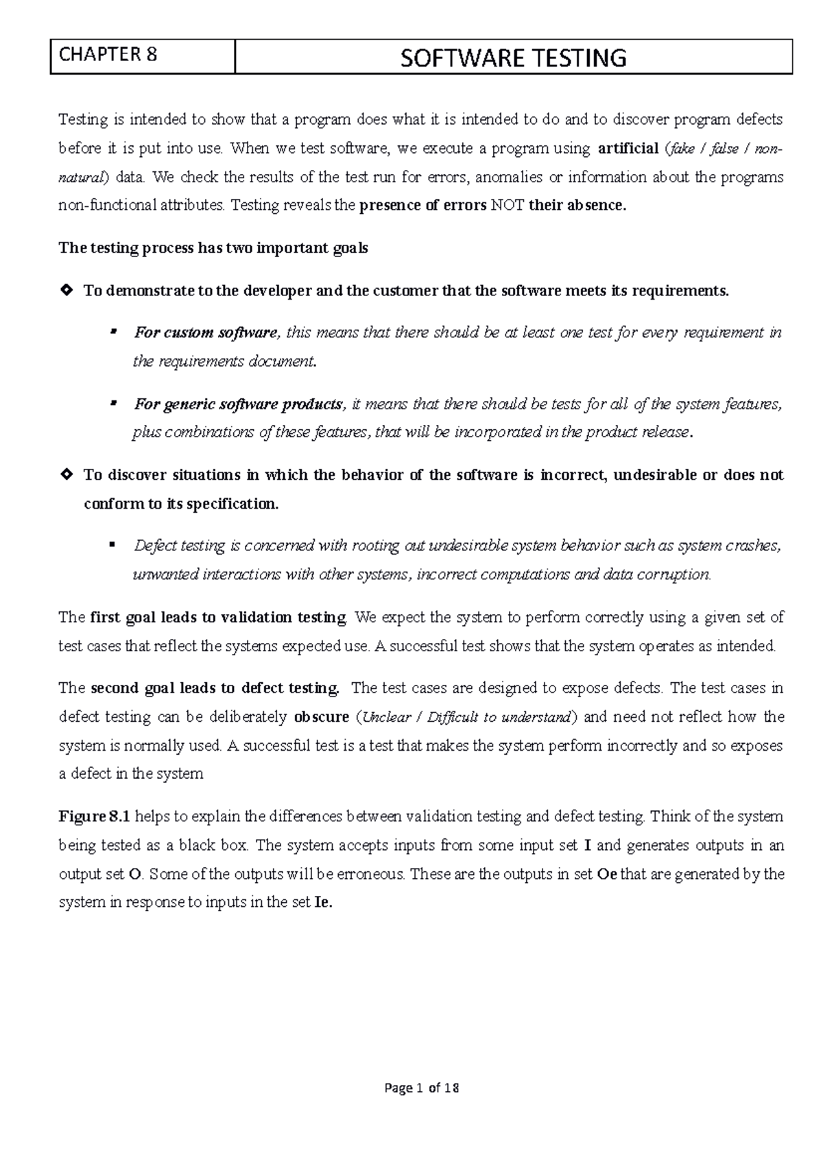 SE Module 3 PART1 Notes - CHAPTER 8 SOFTWARE TESTING Testing is ...