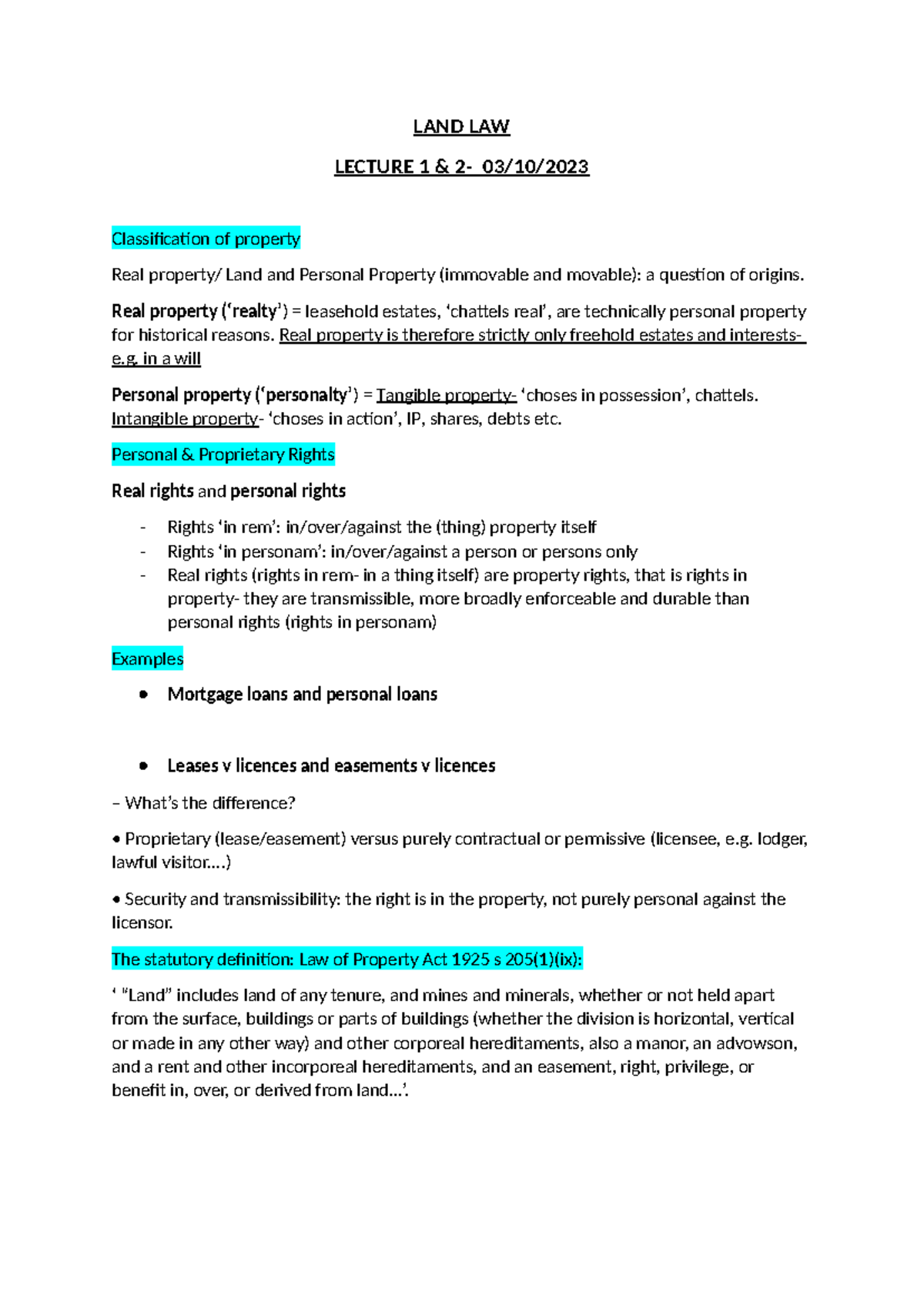 Lecture 1 & 2 - LAND LAW LECTURE 1 & 2- 03/10/ Classification of ...