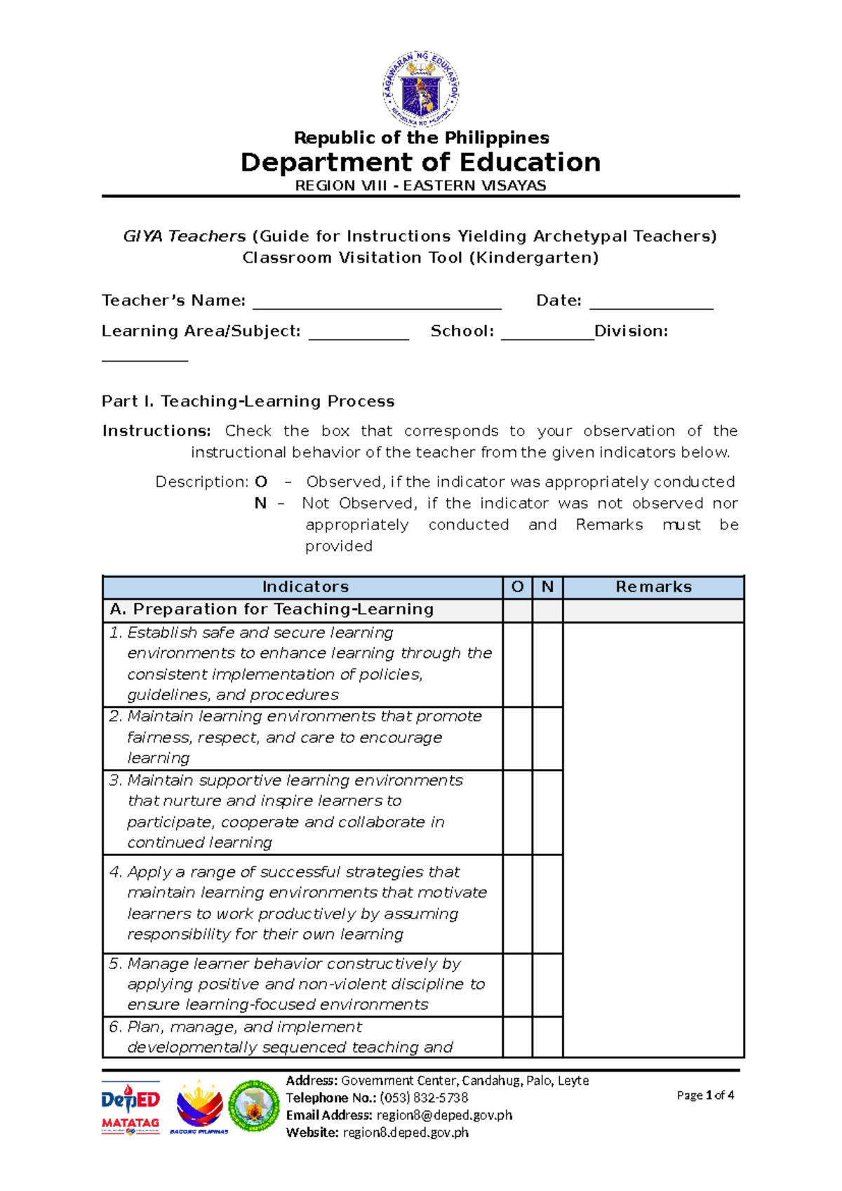 GIYA-Teachers-Kinder - Page 1 of 4 Republic of the Philippines ...