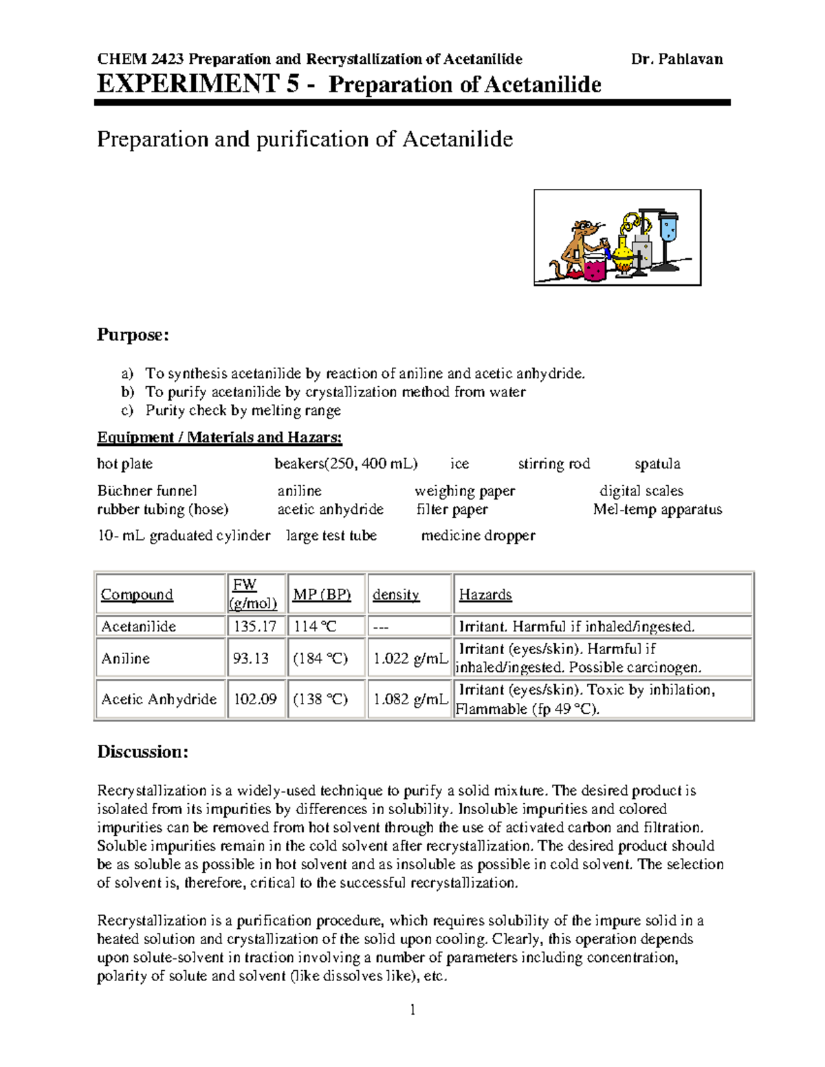 2423L5 - Lab report - EXPERIMENT 5 - Preparation of Acetanilide Preparation and purification of ...