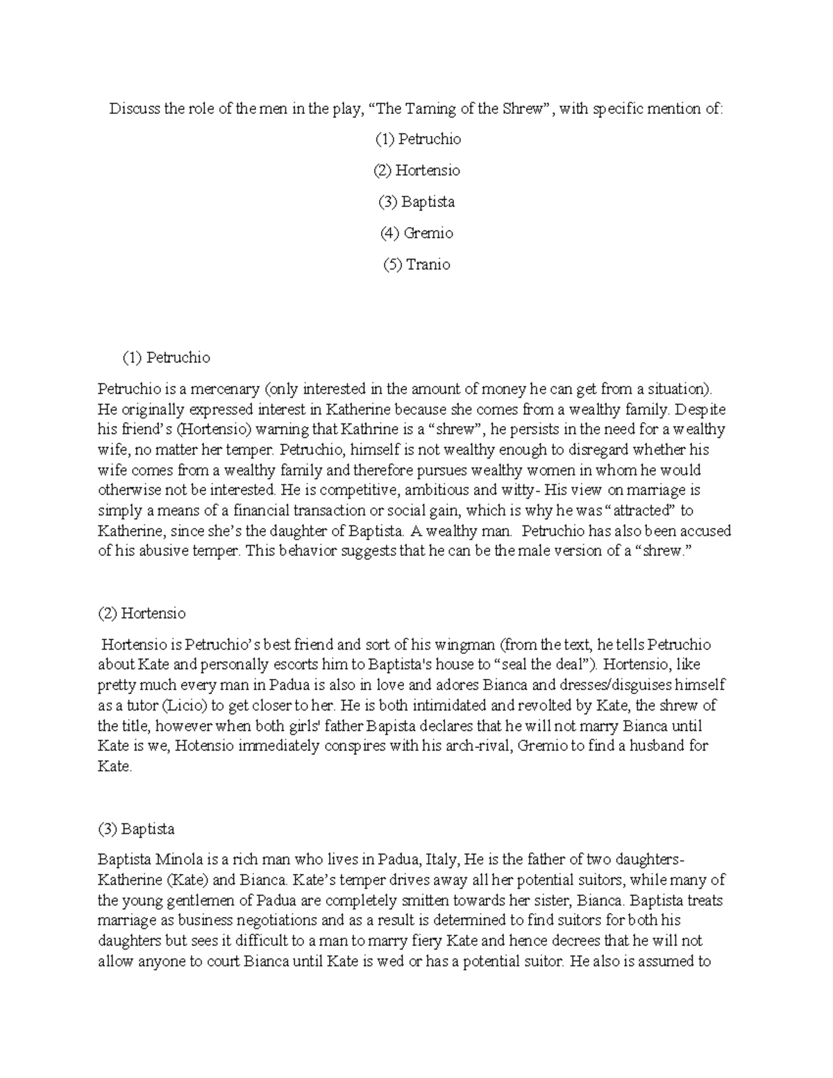 Literature- 'Taming Of The Shrew' - Discuss the role of the men in the ...