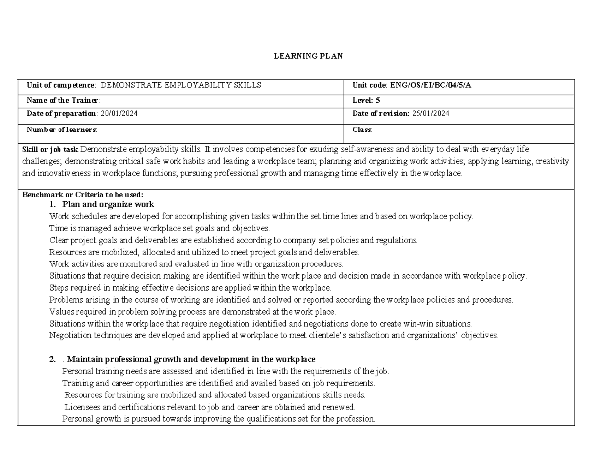 Employability Level 5 term 2 - LEARNING PLAN Unit of competence ...