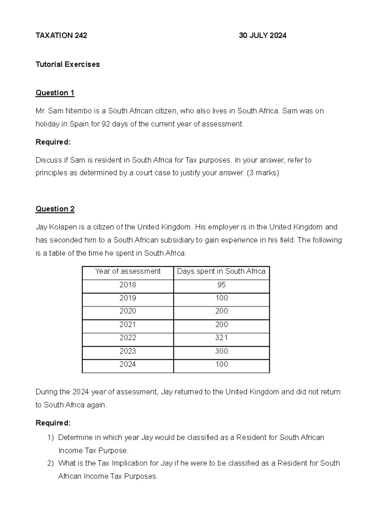 TAX 242 - Tutorial 1 week 3 Students - TAXATION 242 30 JULY 2024 ...